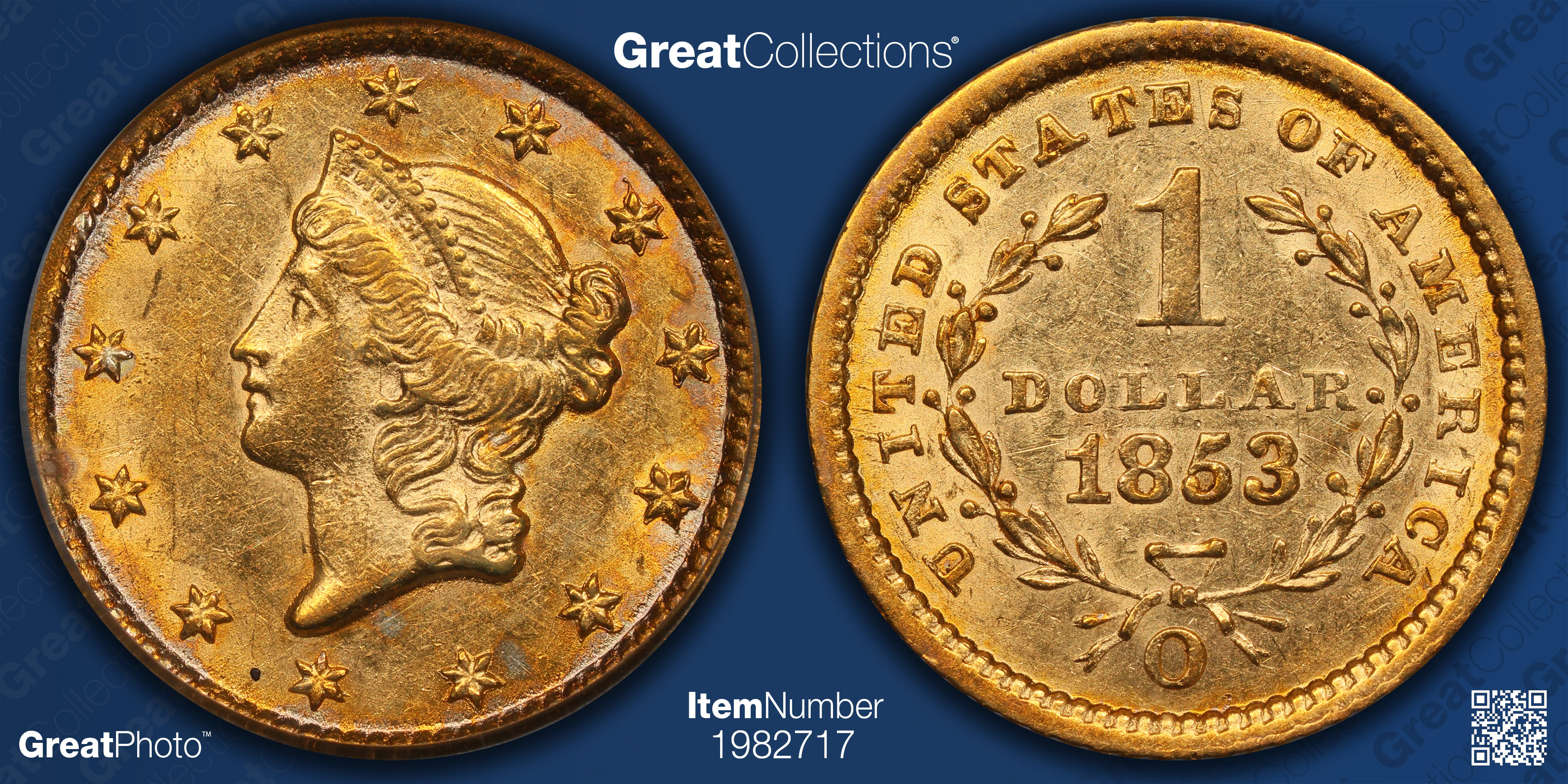 1853-O Liberty Gold Dollar PCGS AU-55 (Item 1982717) | GreatCollections ...