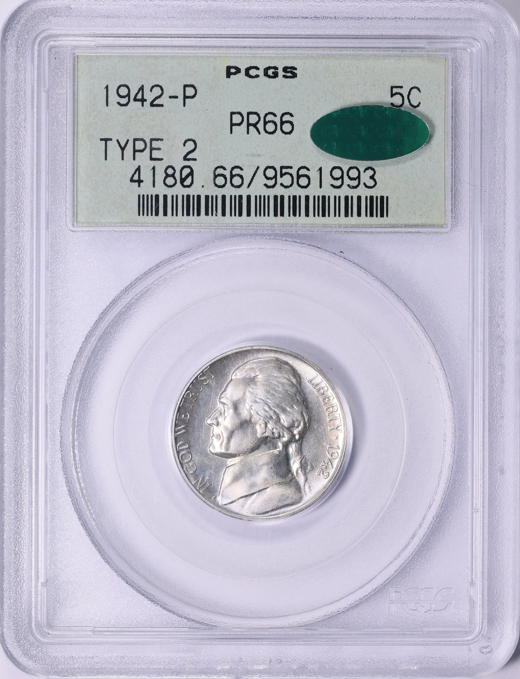 1942-P Jefferson Nickel Type 2 PCGS Proof-66 (CAC Green) OGH (Item ...