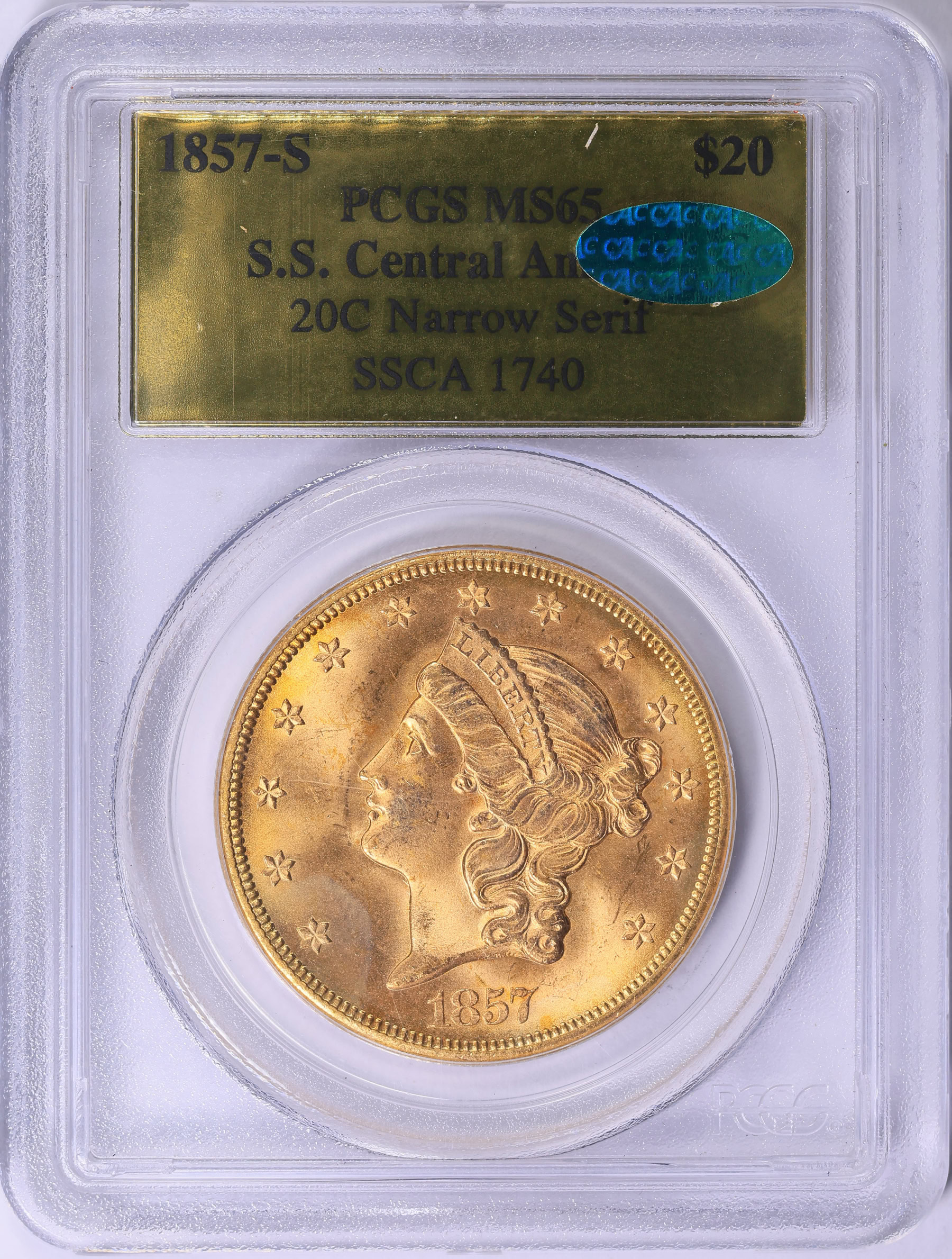 1857-S Liberty Gold Double Eagle 20C Narrow Serif Shipwreck S.S ...