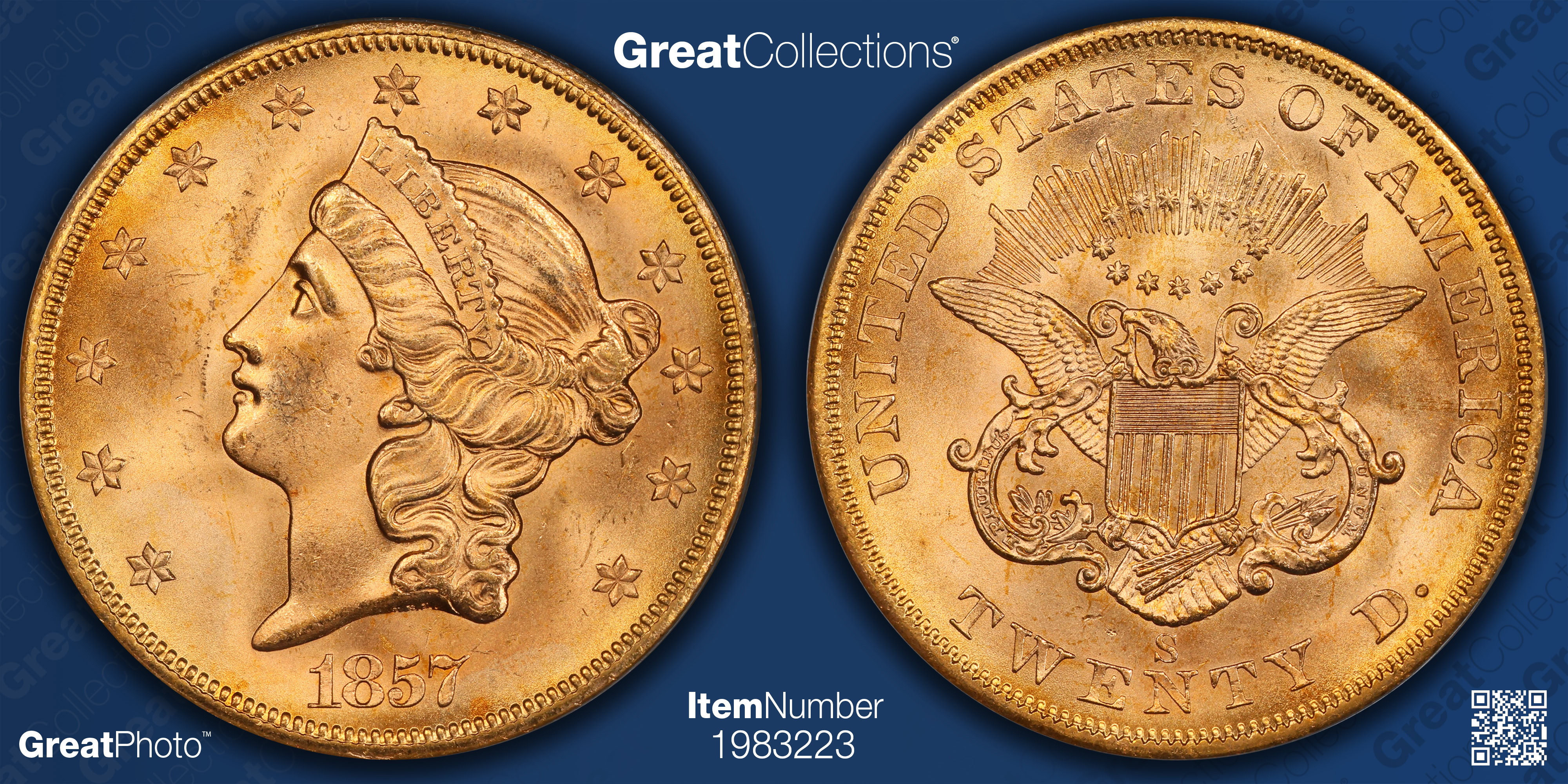 1857-S Liberty Gold Double Eagle 20C Narrow Serif Shipwreck S.S ...
