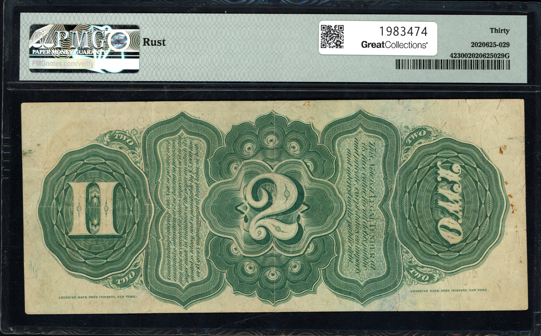 Fr. 42 1869 $2 Legal Tender Note Allison / Spinner PMG Very Fine 30 ...