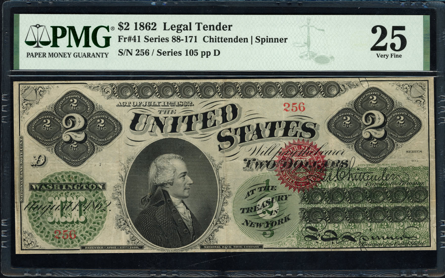 Fr. 41 1862 $2 Legal Tender Note Series 105 Chittenden / Spinner PMG ...