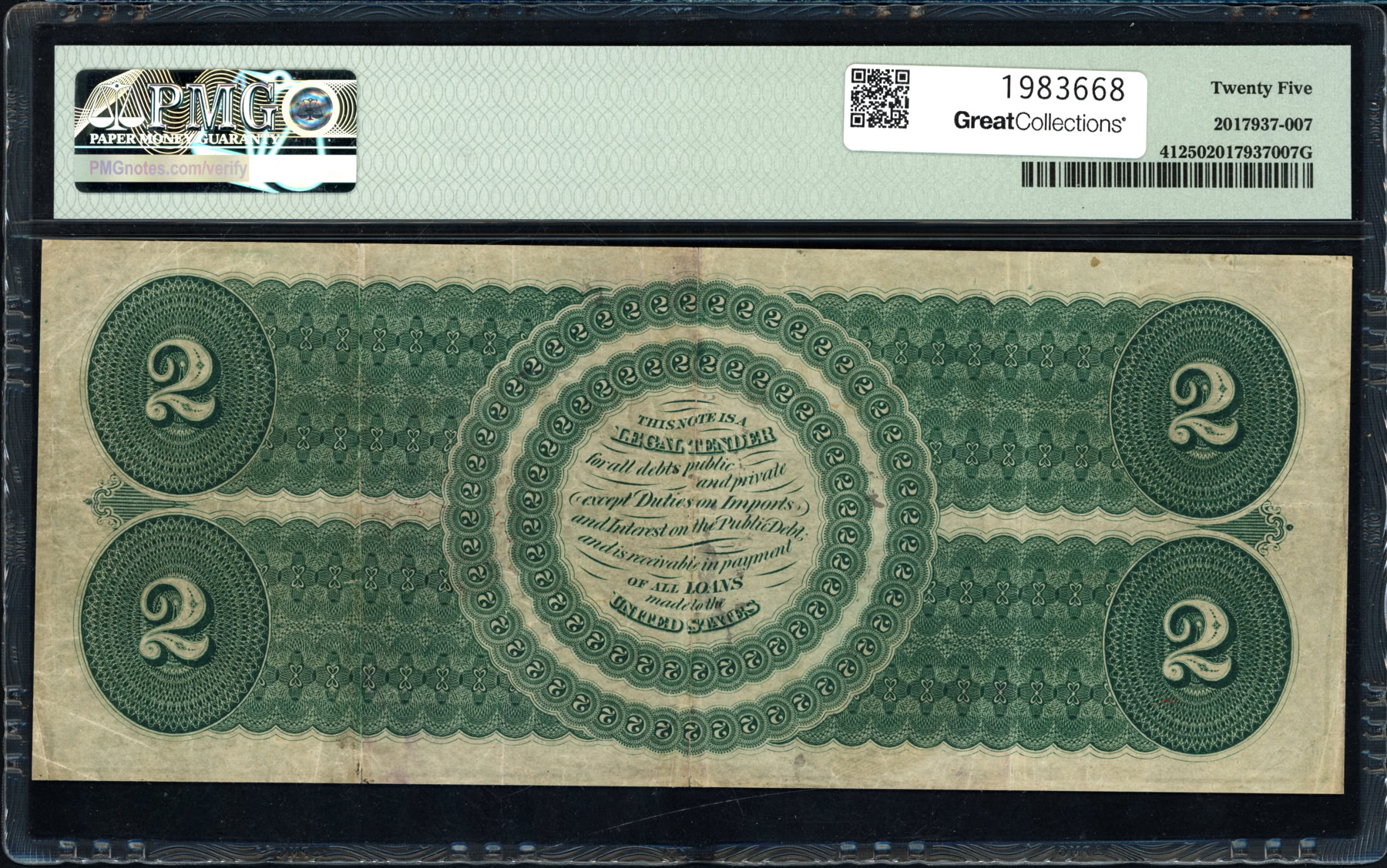 Fr. 41 1862 $2 Legal Tender Note Series 105 Chittenden / Spinner PMG ...