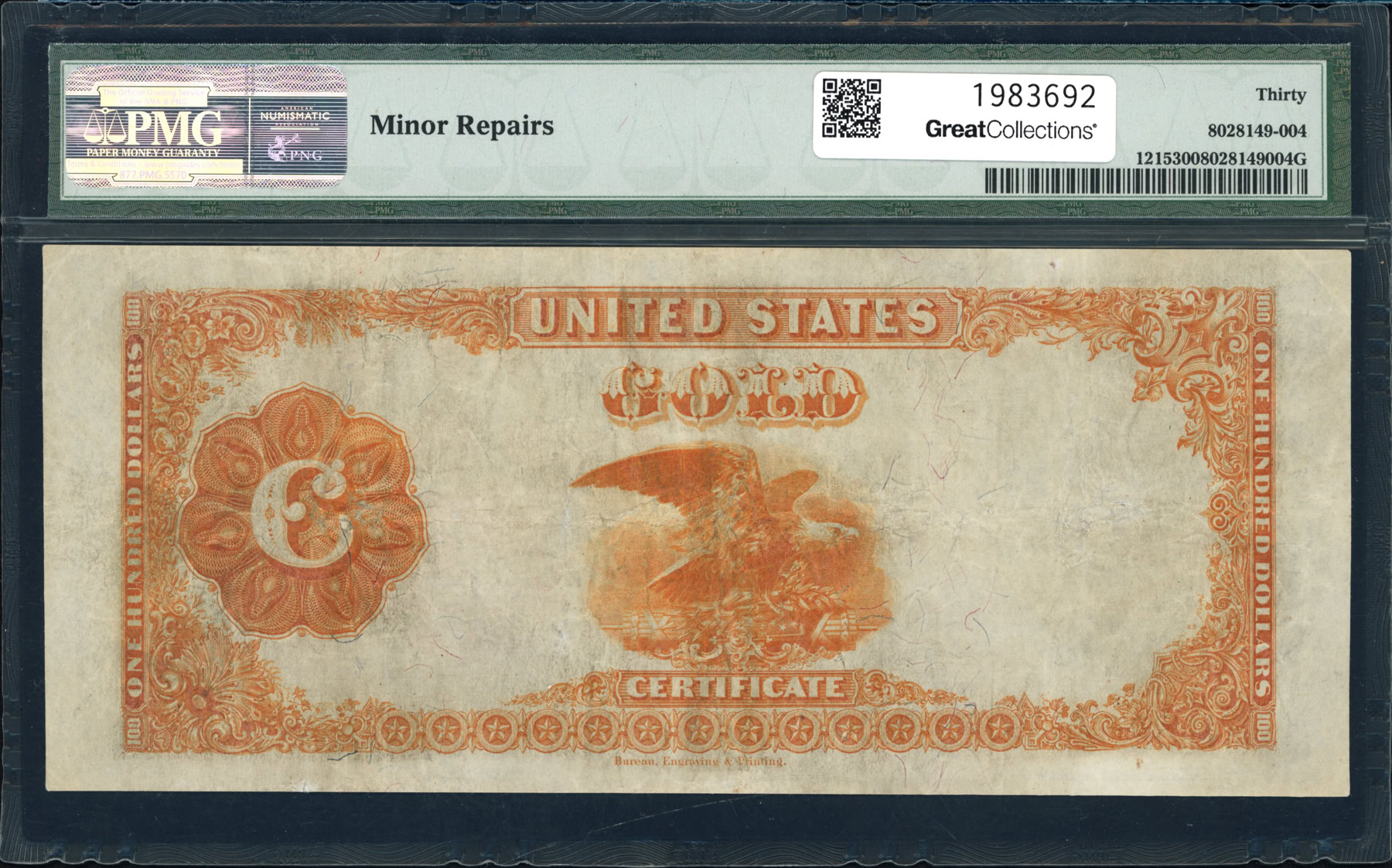 Fr. 1215 1922 $100 Gold Certificate Note Speelman / White PMG Very Fine ...