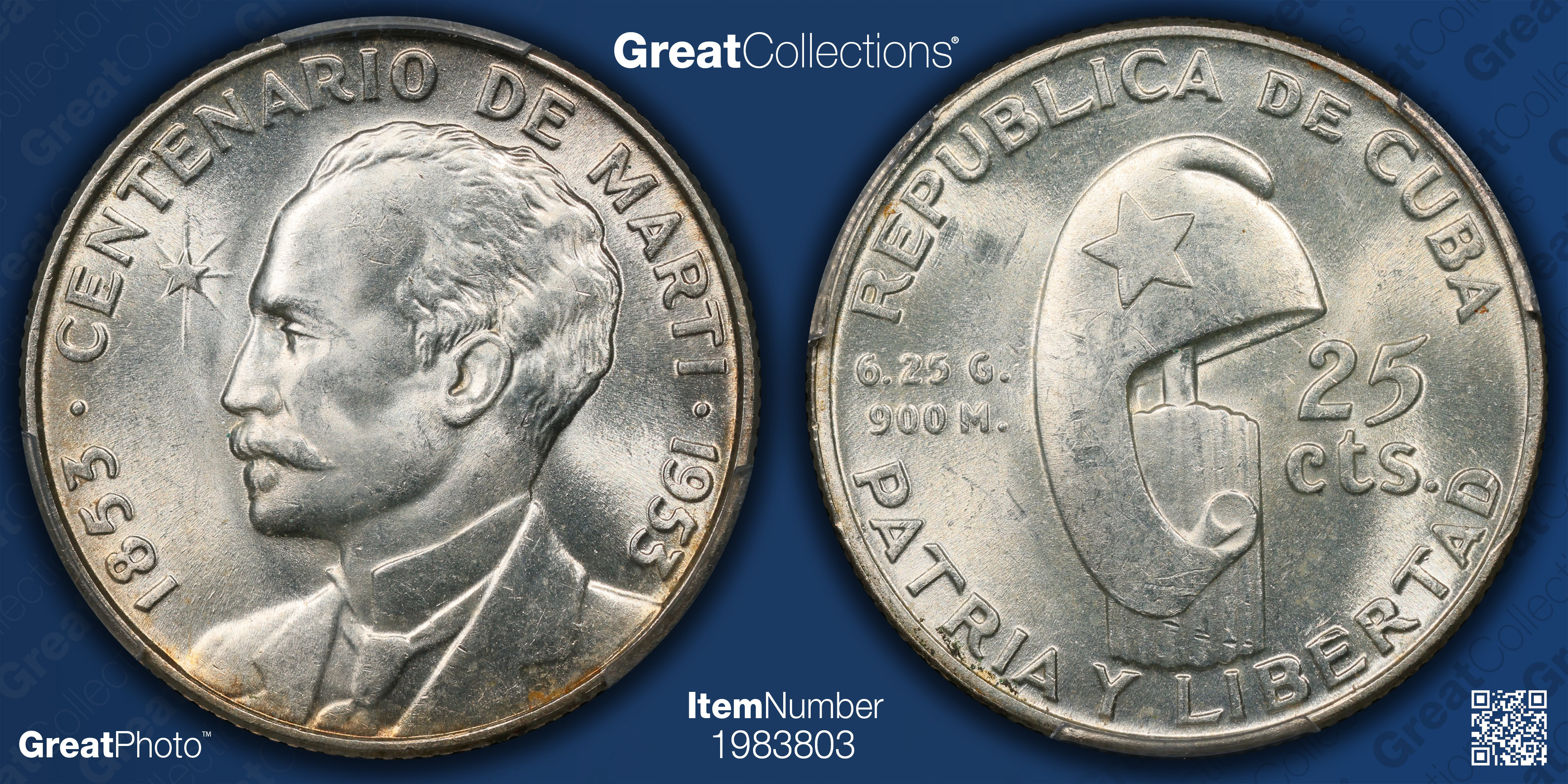 Cuba 1953 Silver 25 Centavos Birth of Jose Marti Centennial KM-27 PCGS ...