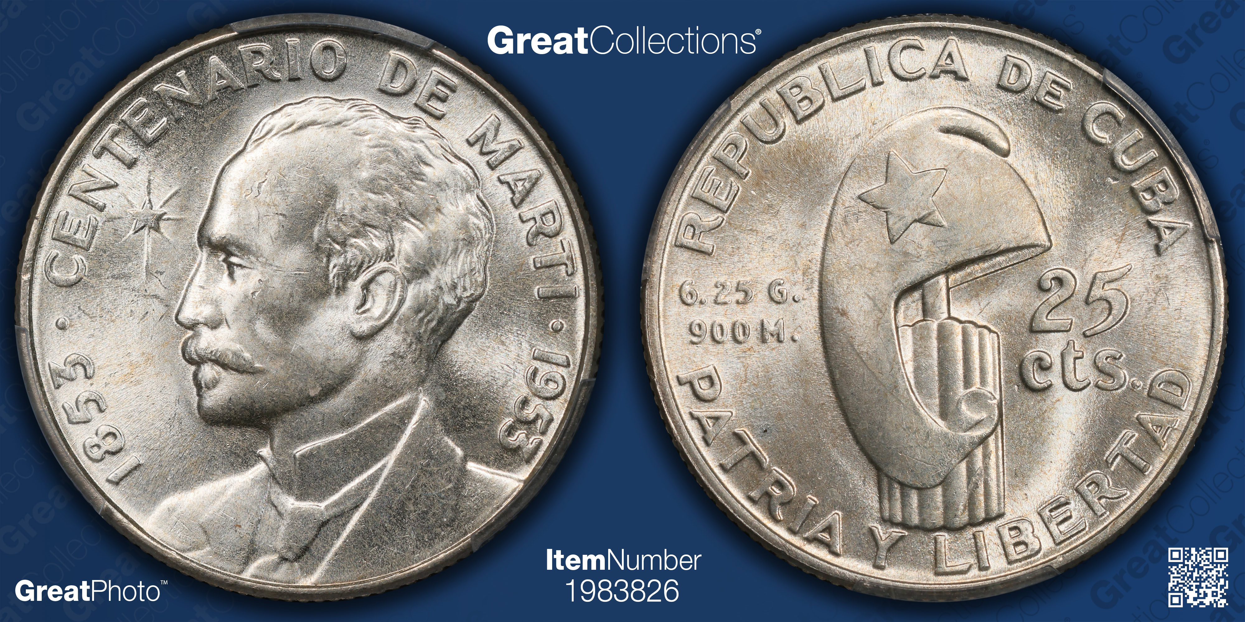 Cuba 1953 Silver 25 Centavos Birth of Jose Marti Centennial KM-27 PCGS ...