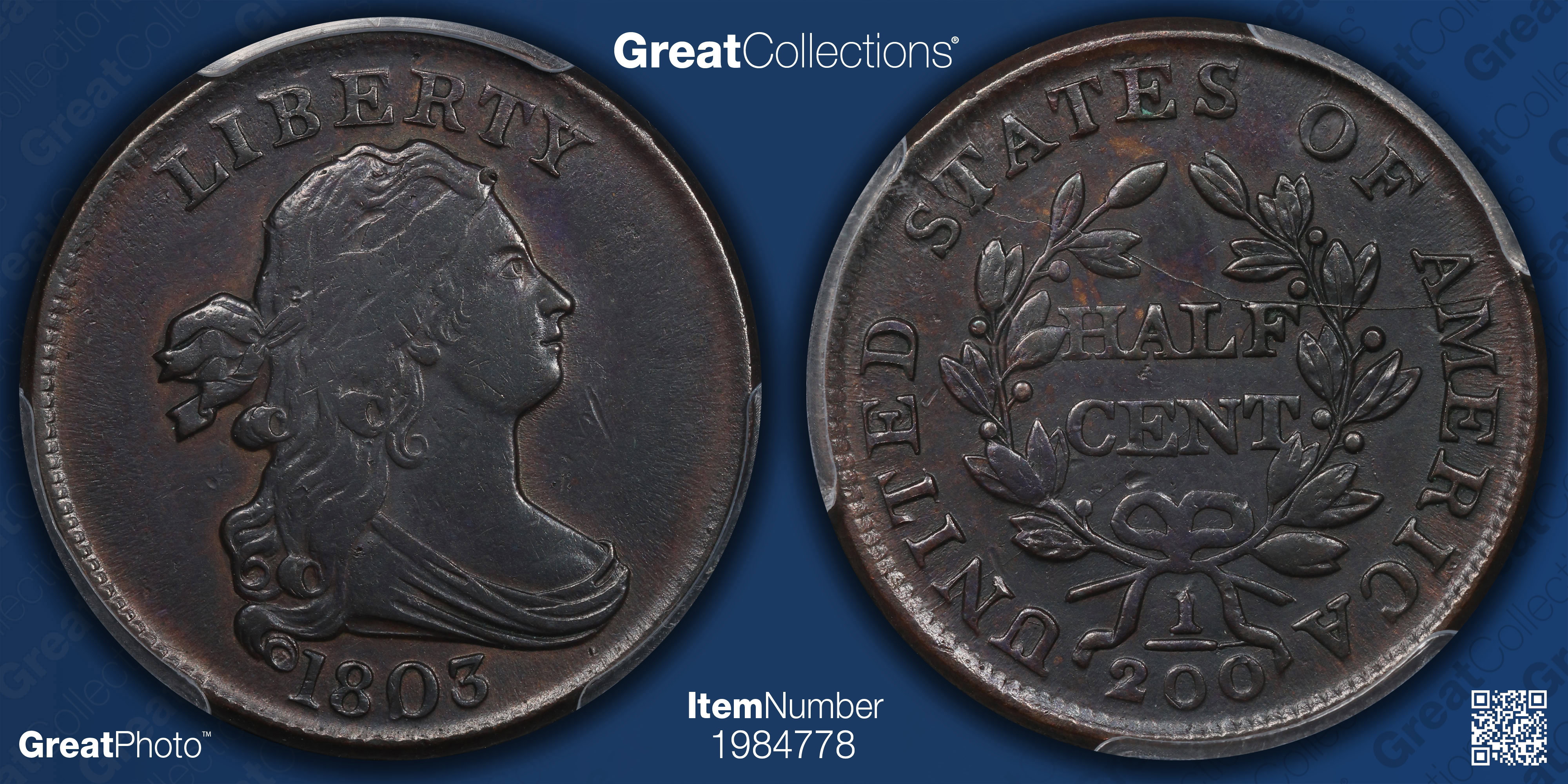 1803 Draped Bust Half Cent Cohen 1 PCGS AU-50 BN (Green Tree Collection ...