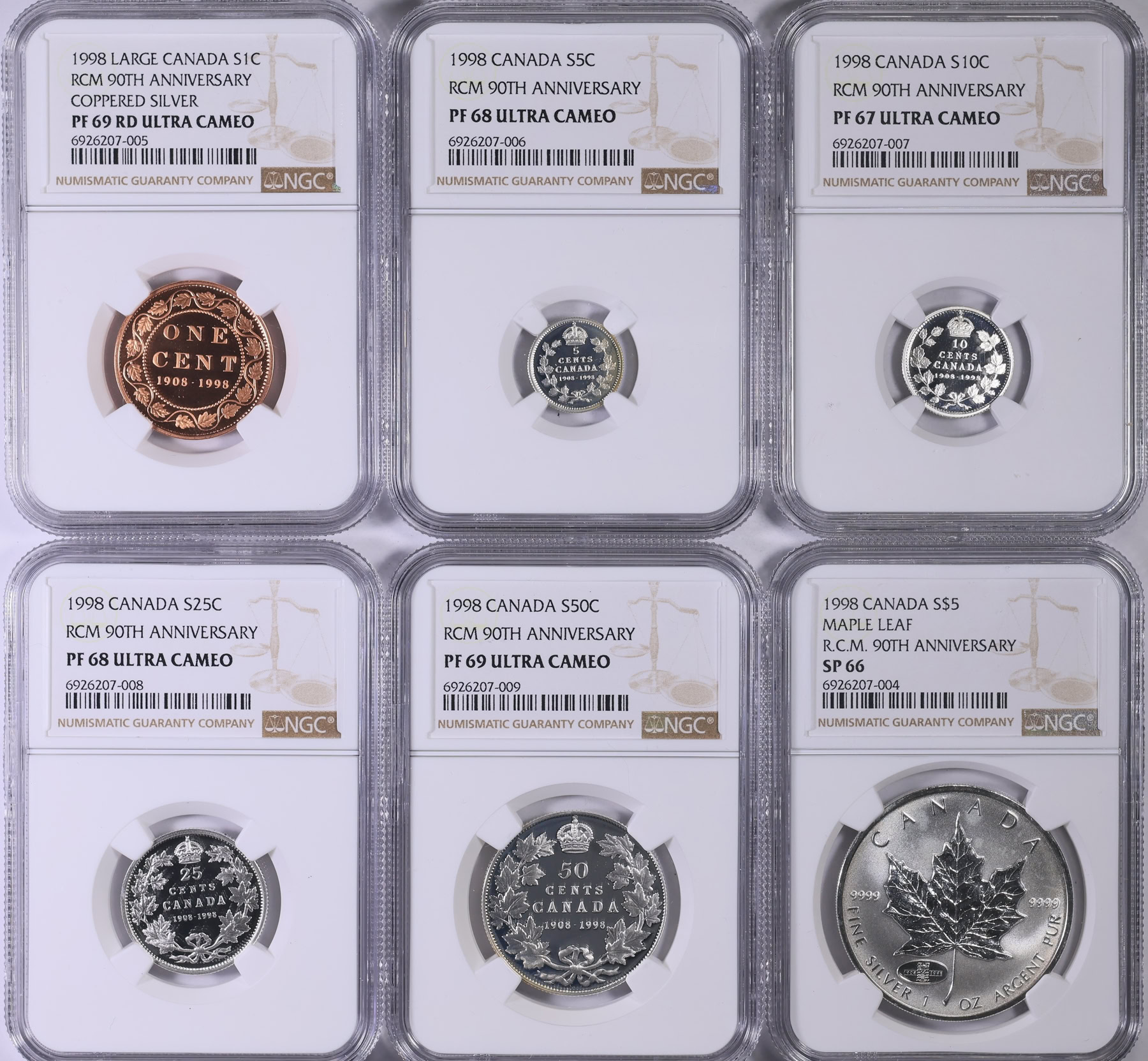 Canada 1998 Silver Cent to $5 Maple Leaf RCM 90th Anniversary Proof ...