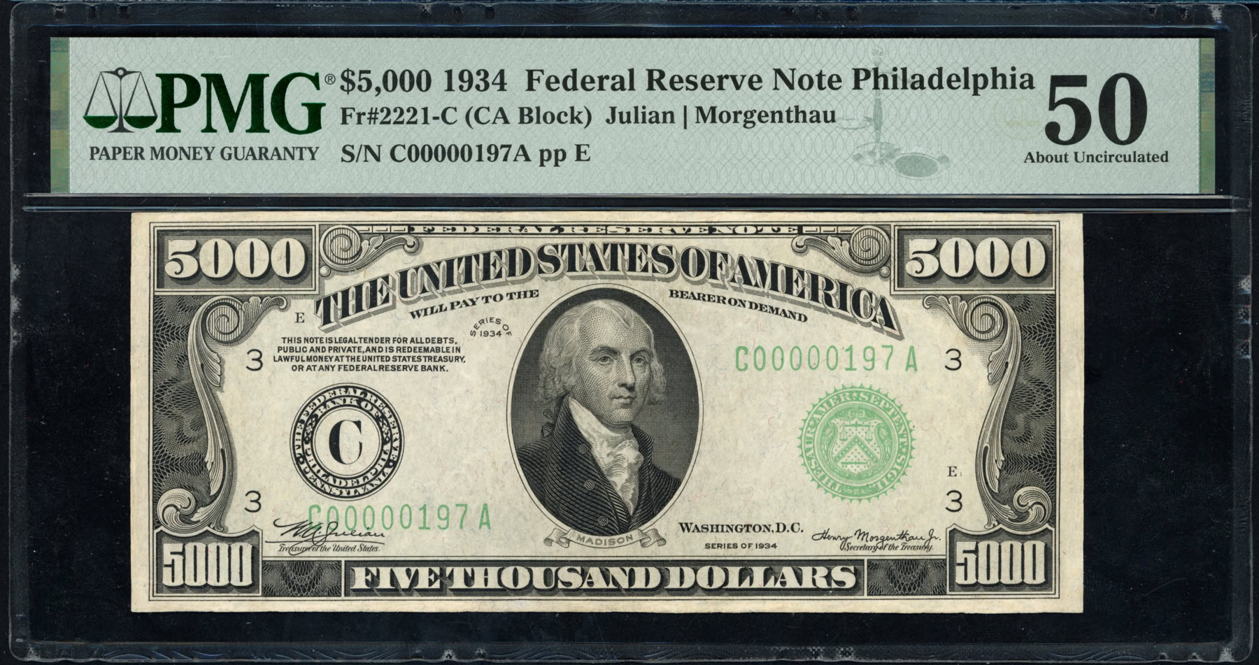 Fr. 2221-C (CA Block) 1934 $5,000 Philadelphia Federal Reserve Note ...