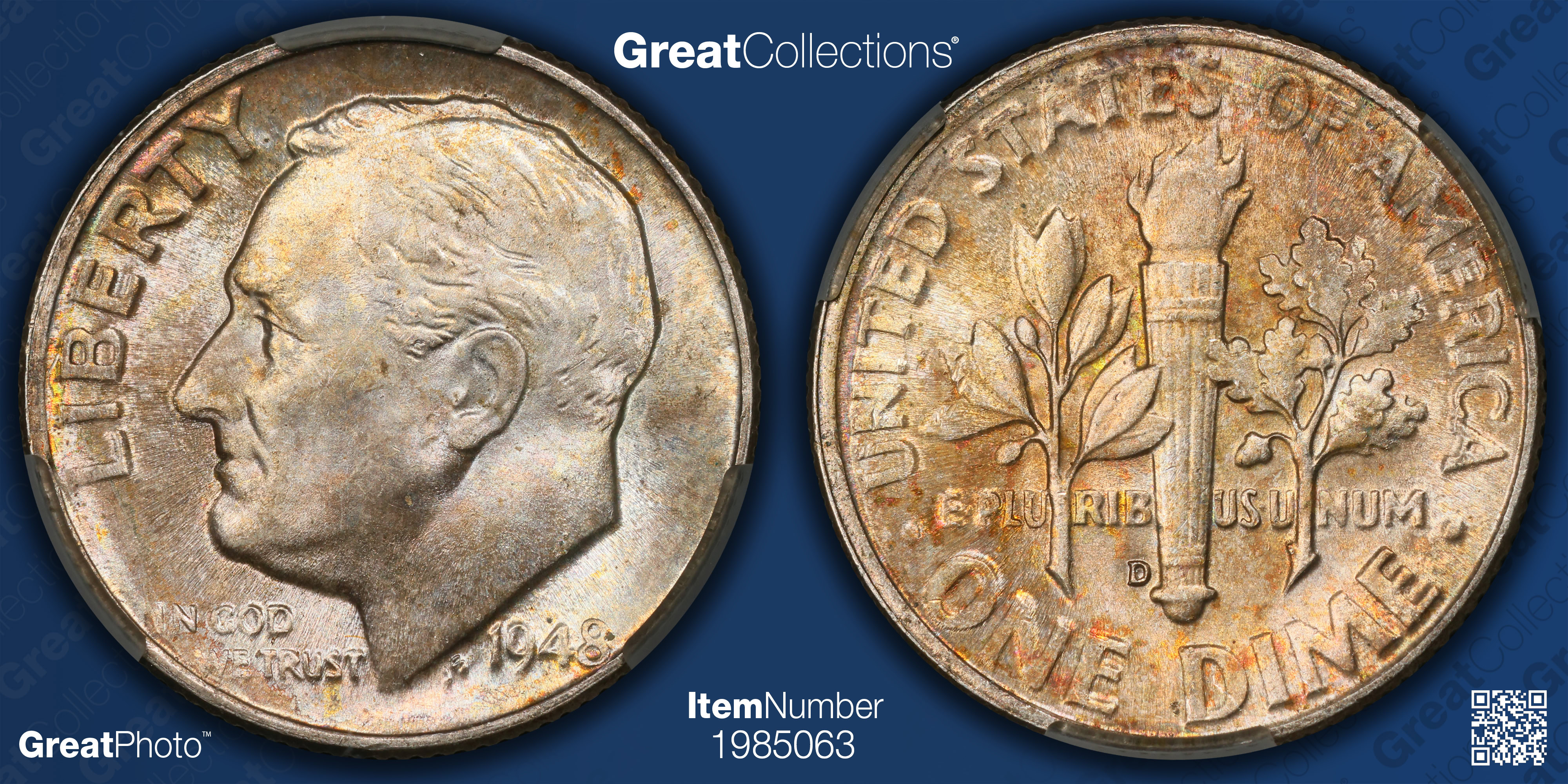1948-D Roosevelt Dime CACG MS-64 FB (Toned) (Item 1985063 ...