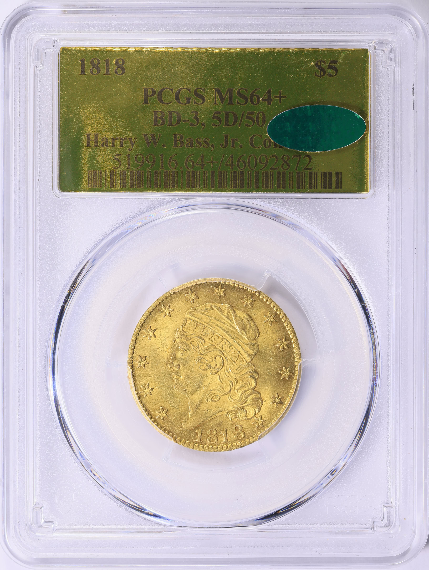 1818 Capped Head Gold Half Eagle 5D/50 BD-3 PCGS MS-64+ (CAC Green ...
