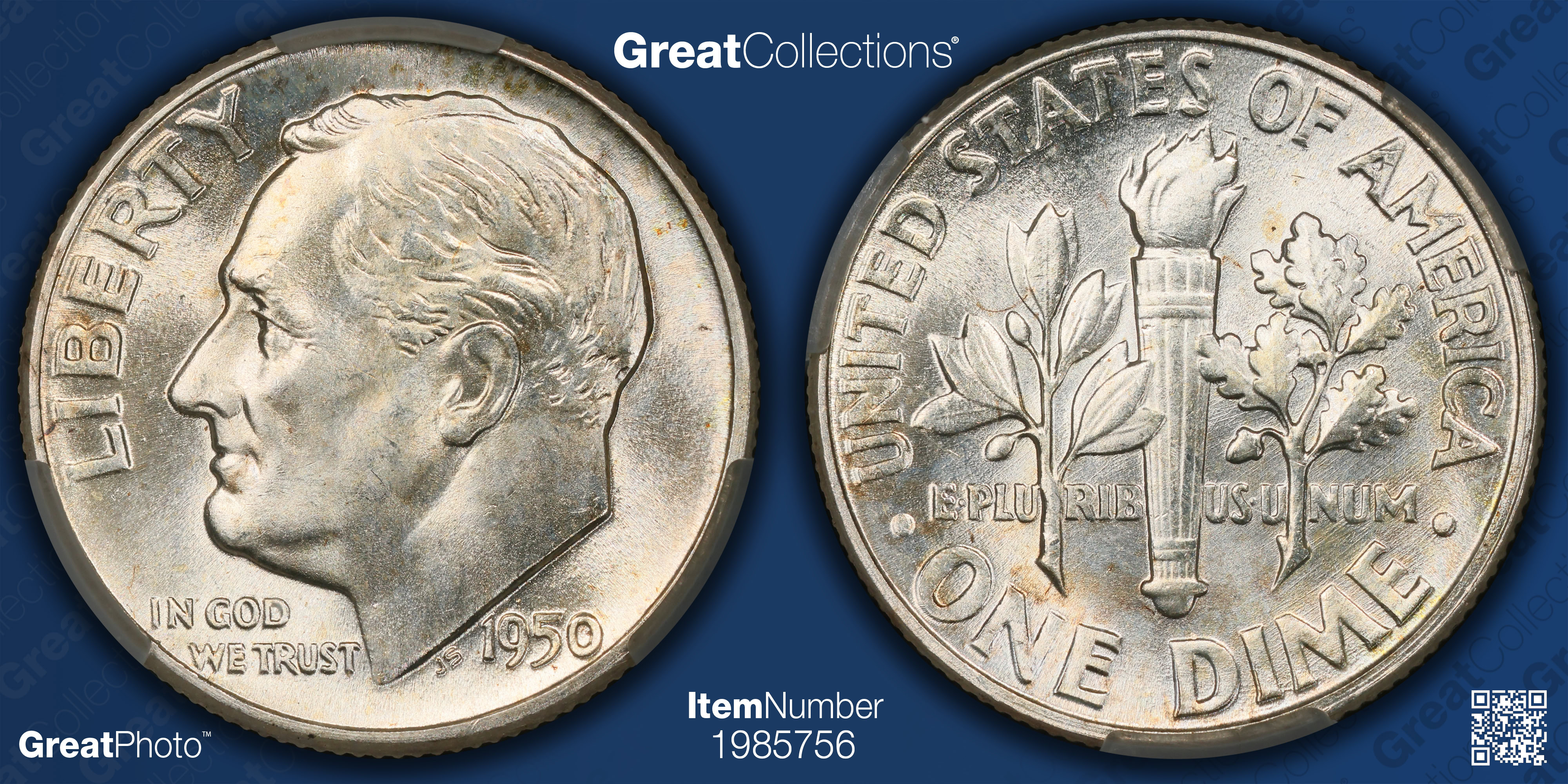 1950 Roosevelt Dime CACG MS-66 FB (Item 1985756) | GreatCollections ...