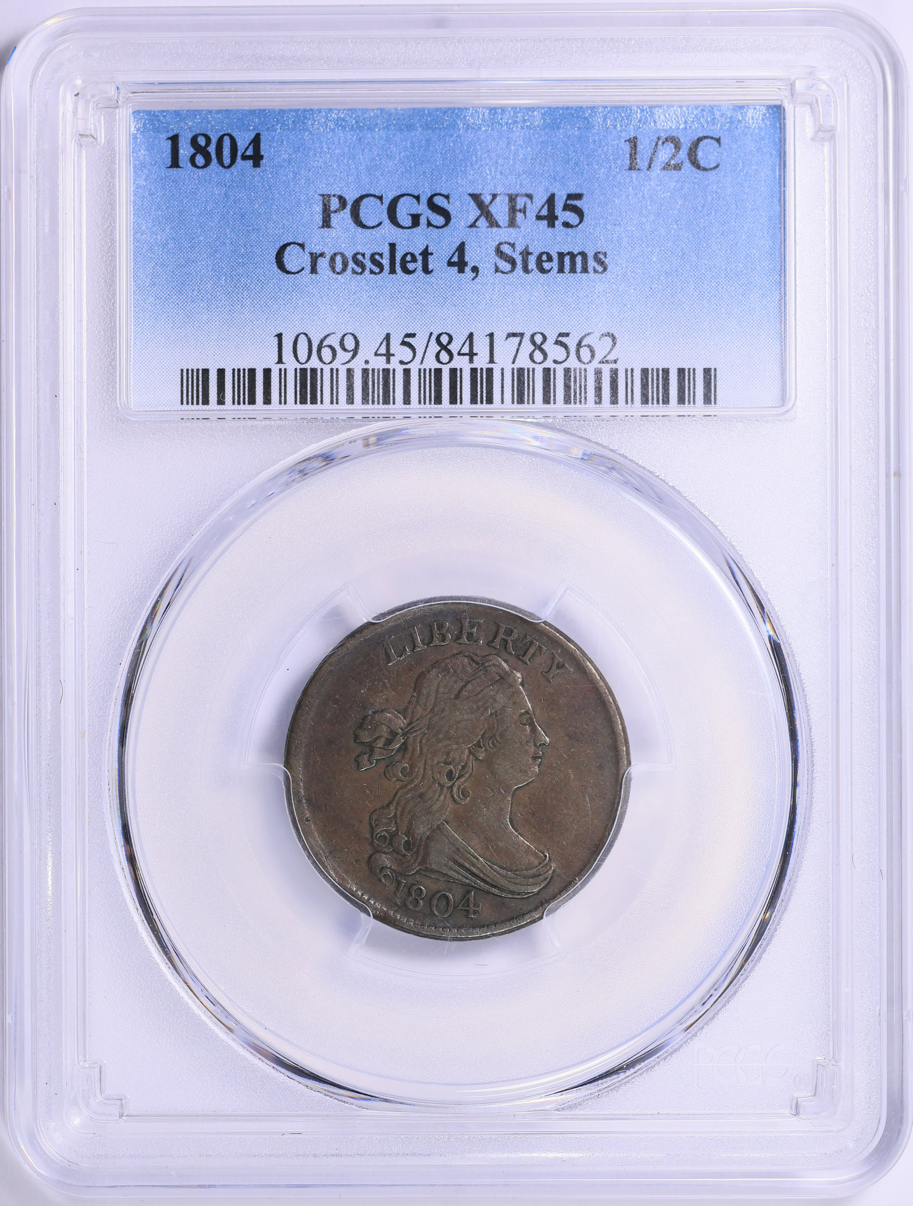 1804 Draped Bust Half Cent Crosslet 4, Stems PCGS XF-45 BN (Item ...