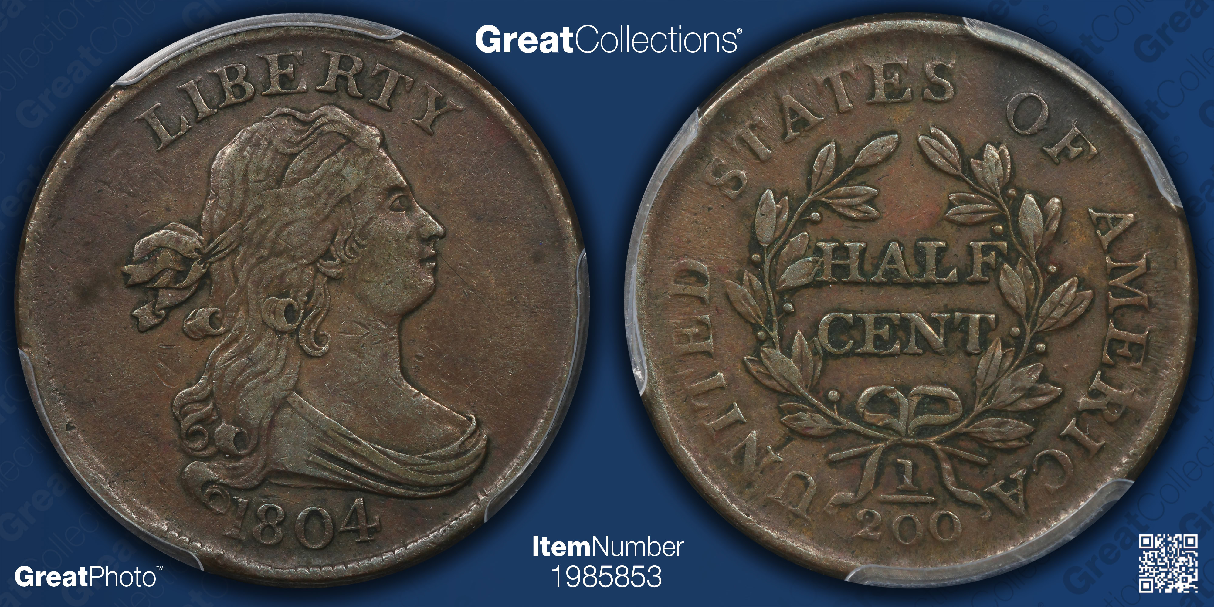 1804 Draped Bust Half Cent Crosslet 4, Stems PCGS XF-45 BN (Item ...