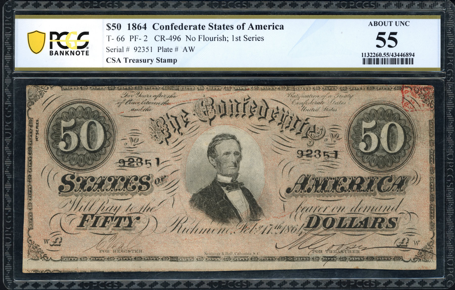 T-66 1864 Confederate States of America $50 Note CSA Treasury Stamp ...