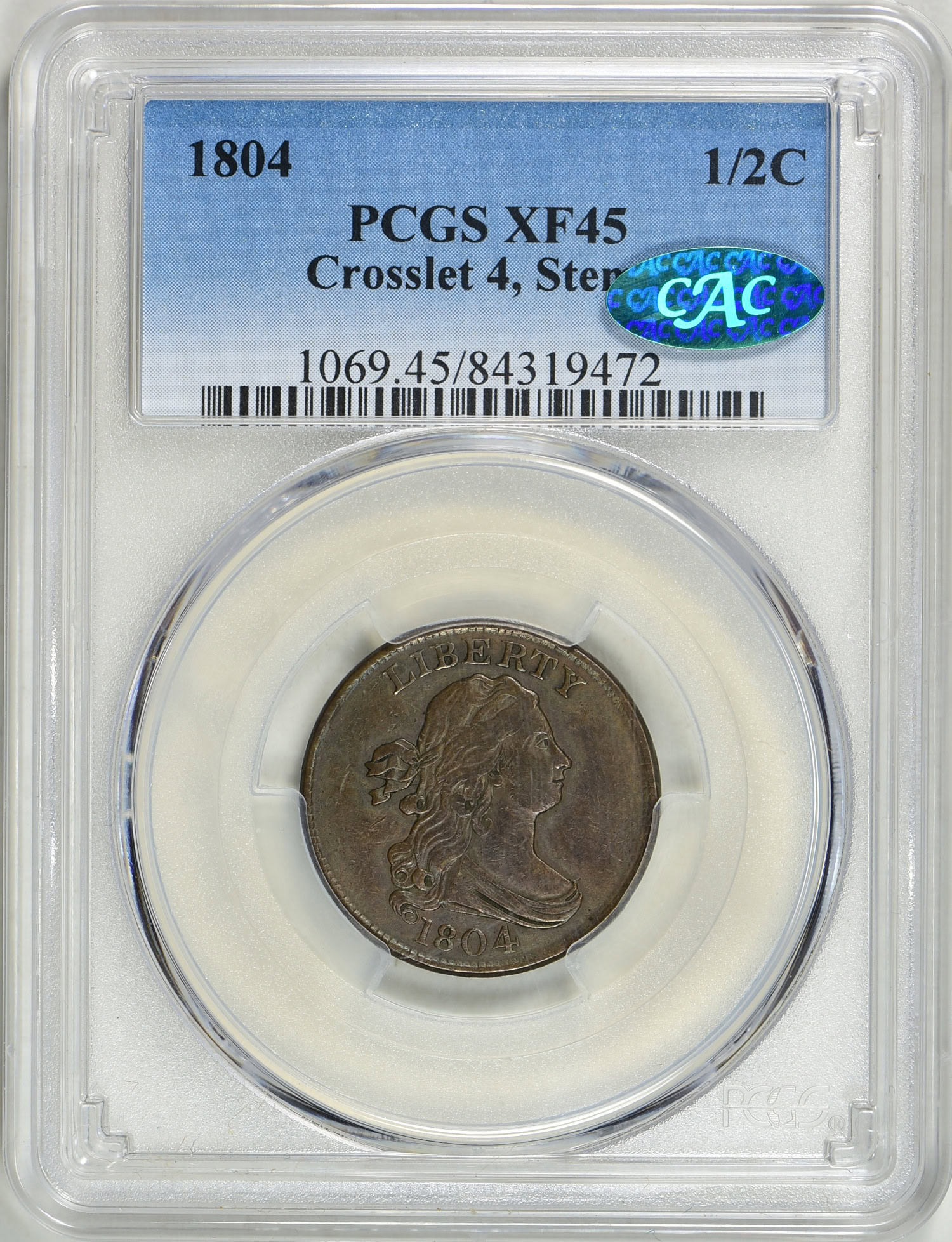 1804 Draped Bust Half Cent Crosslet 4, Stems PCGS XF-45 BN (CAC Green ...