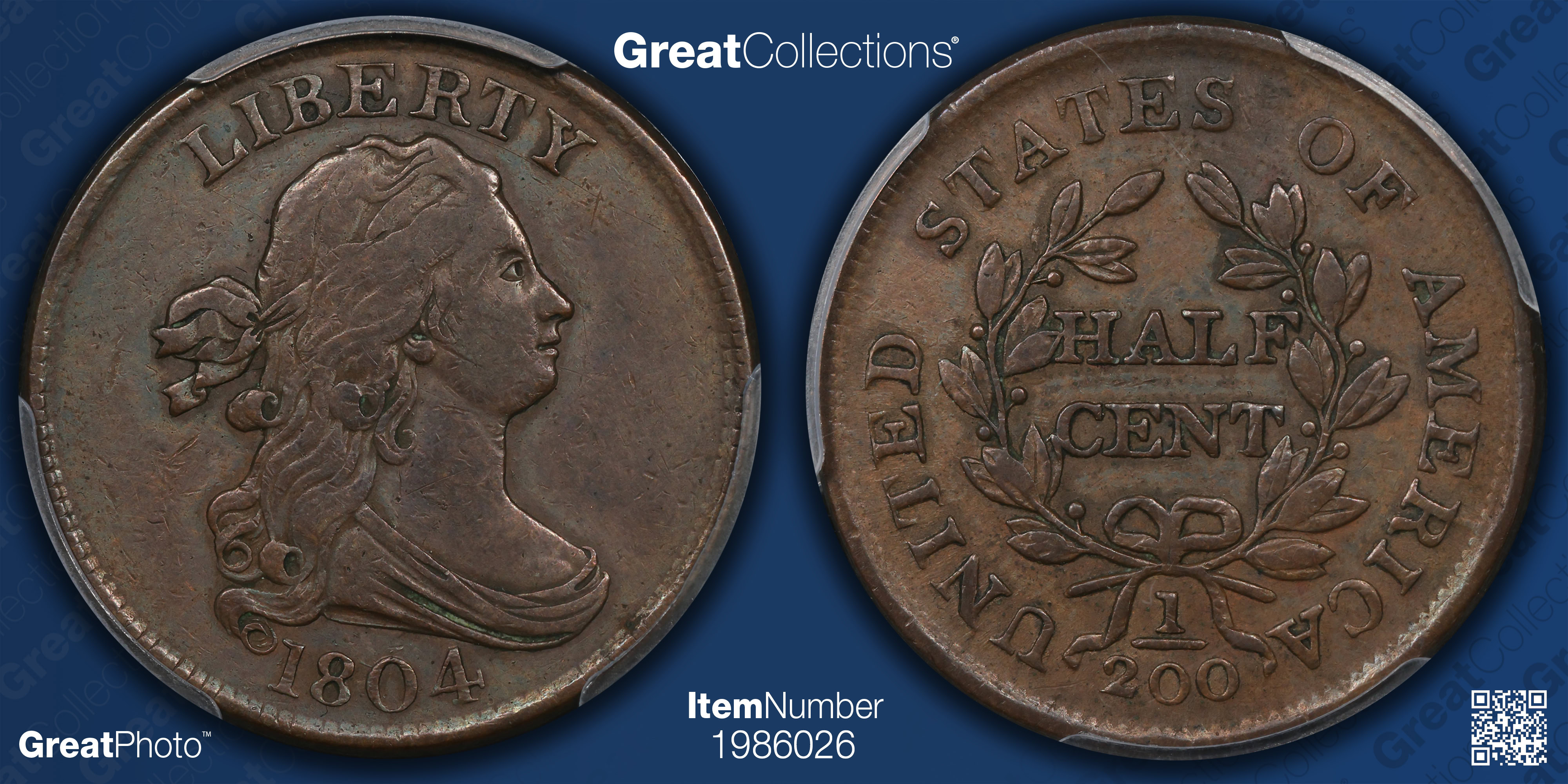 1804 Draped Bust Half Cent Crosslet 4, Stems PCGS XF-45 BN (CAC Green ...