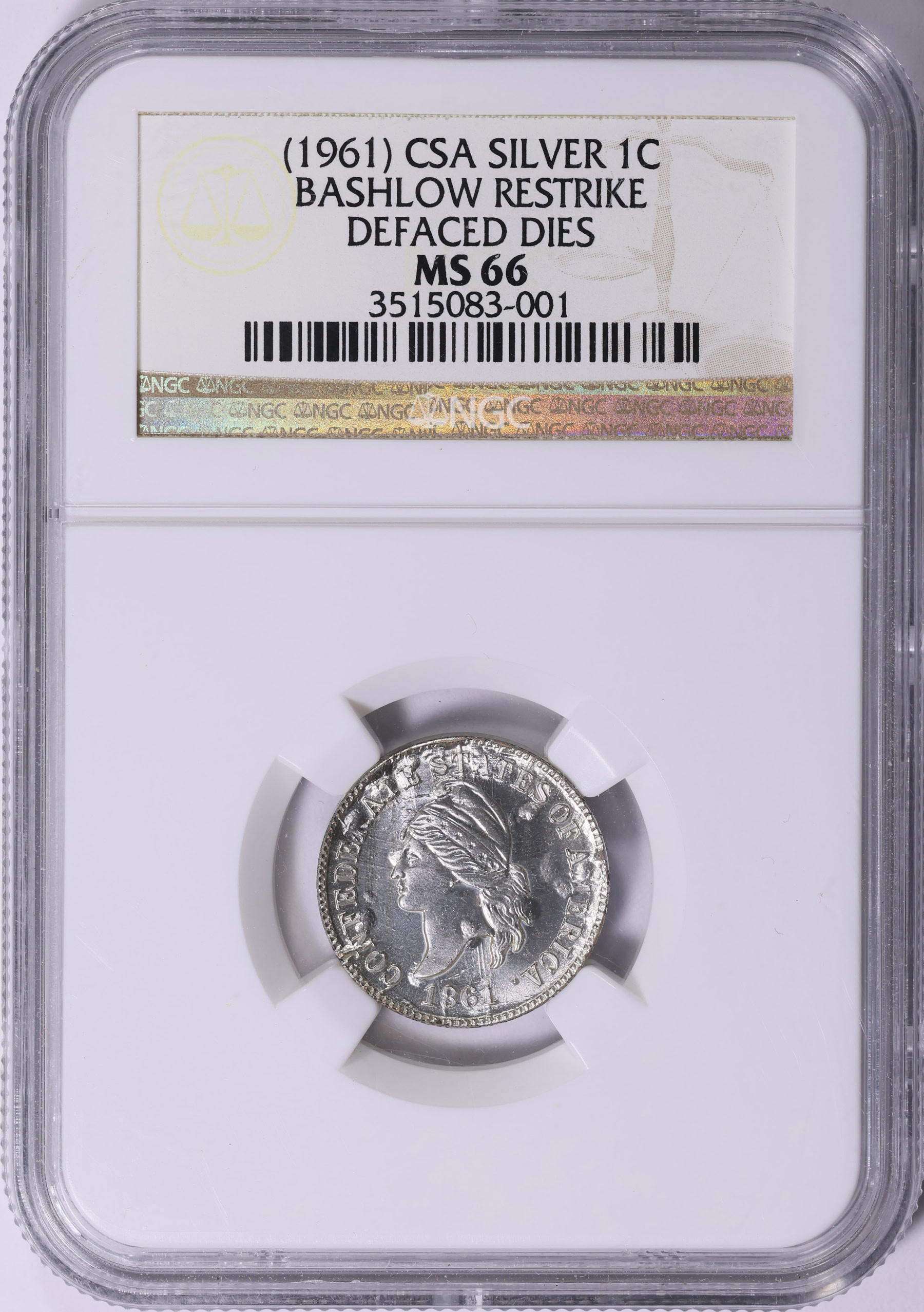 (1961) Confederate States of America CSA Silver Cent Bashlow Restrike ...