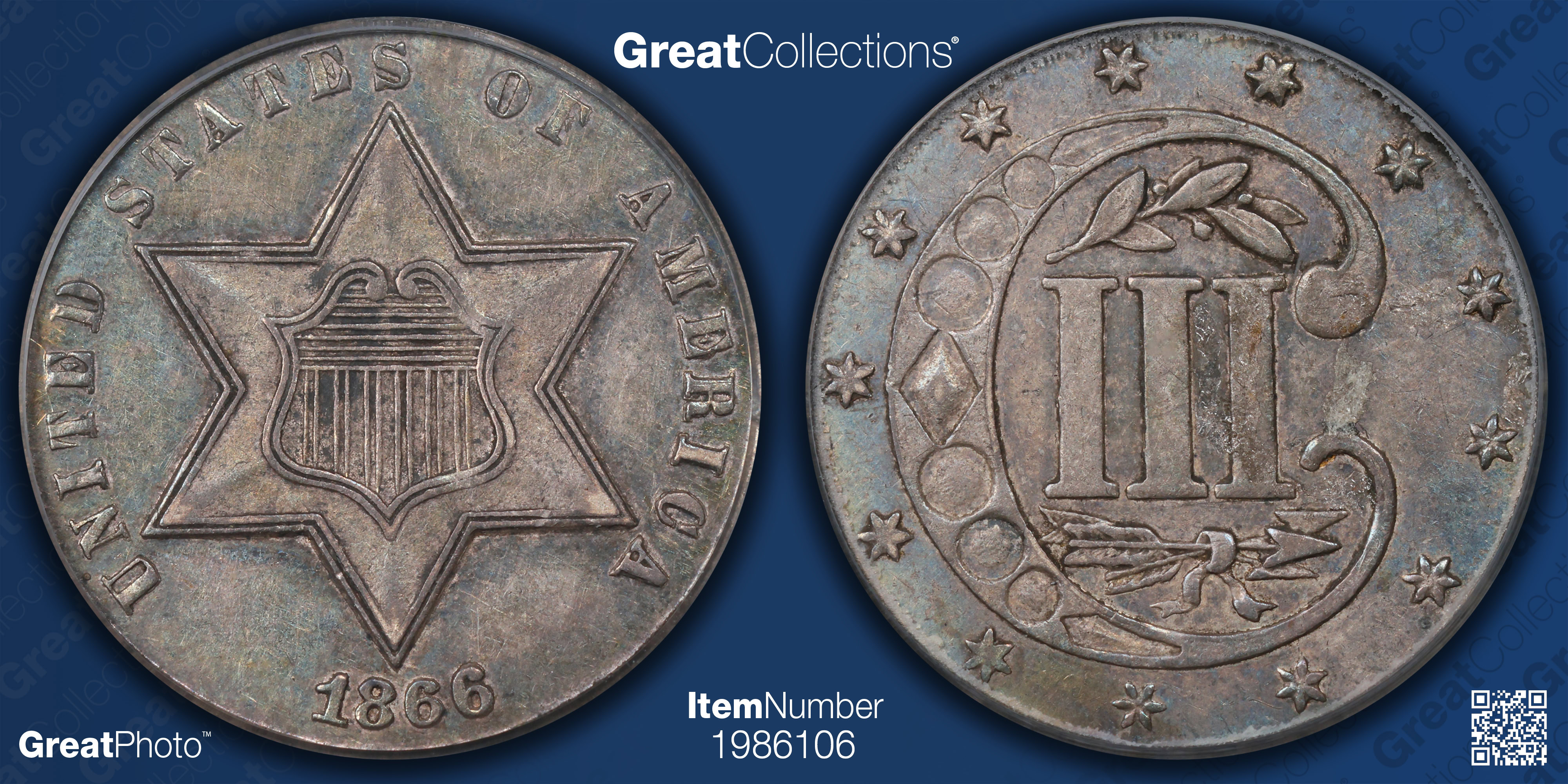 1866 Silver Three-Cent Piece PCGS AU-50 (CAC Green) (Toned) (Item ...