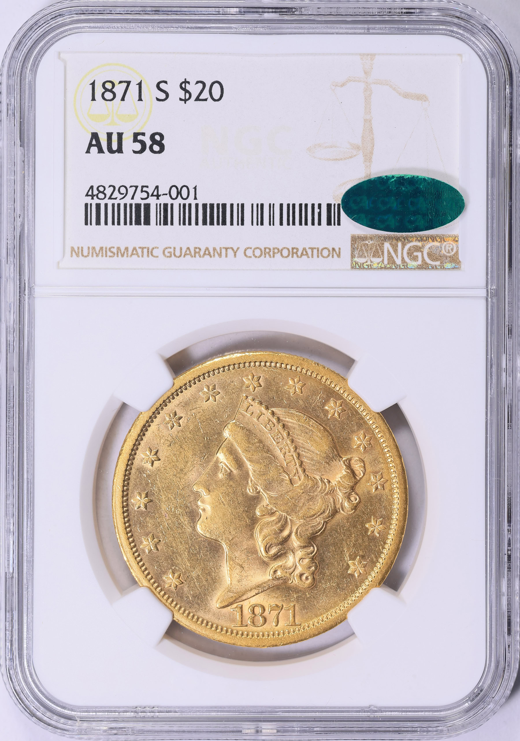 1871-S Liberty Gold Double Eagle NGC AU-58 (CAC Green) (Item 1986183 ...