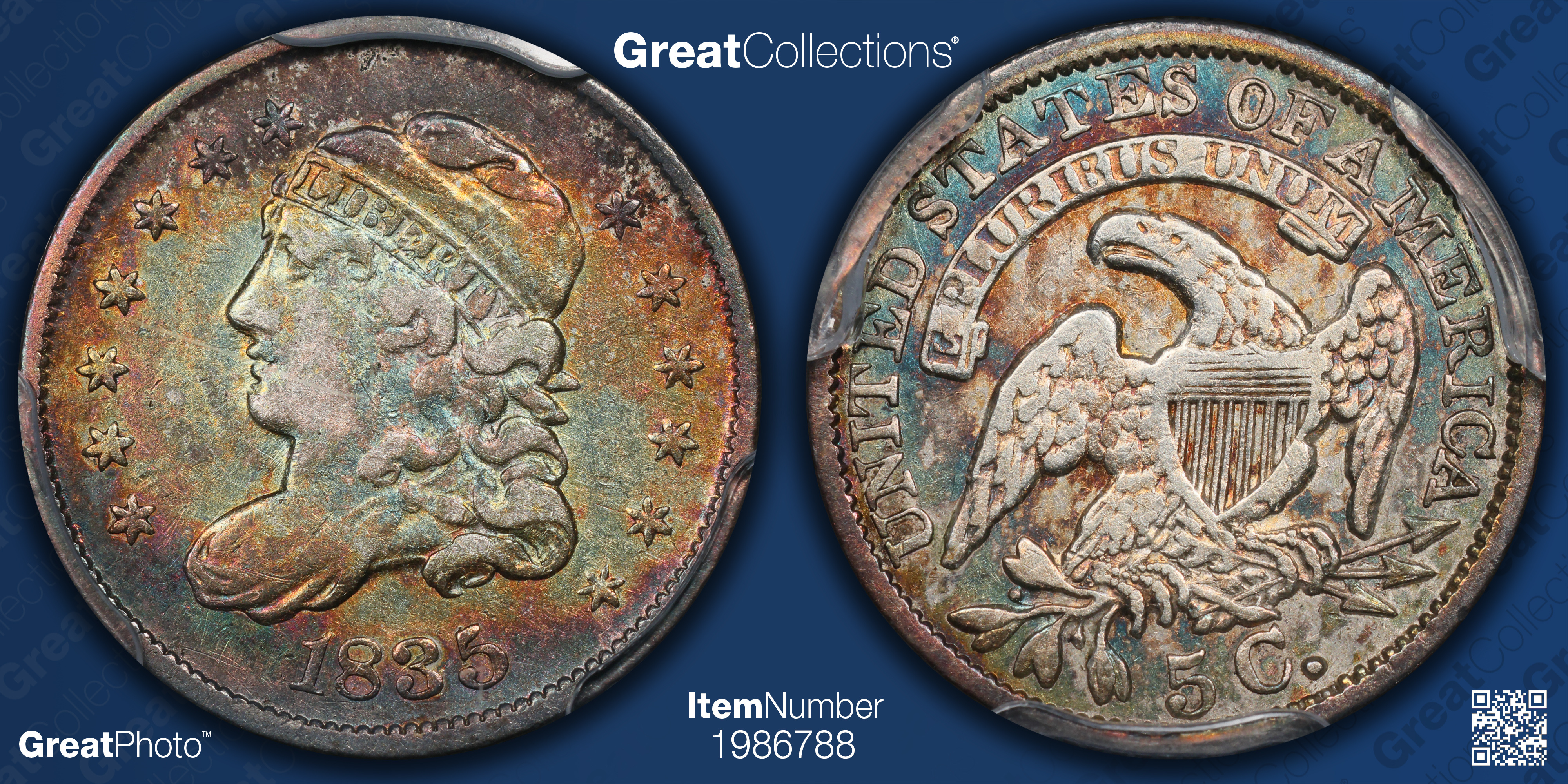 1835 Capped Bust Half Dime Large Date, Large 5C PCGS VF-35 (Toned ...
