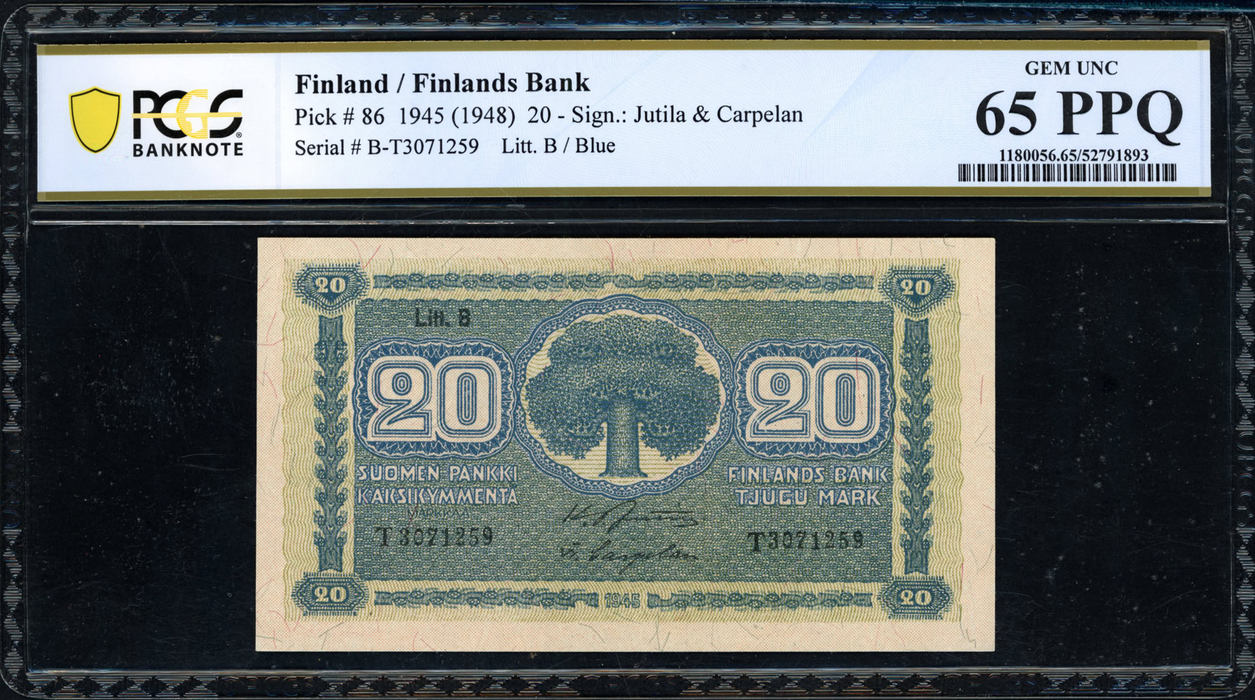 Finland 1945 (ND 1948) 20 Tjugu Mark Finlands Bank Note SCWPM-86 PCGS ...