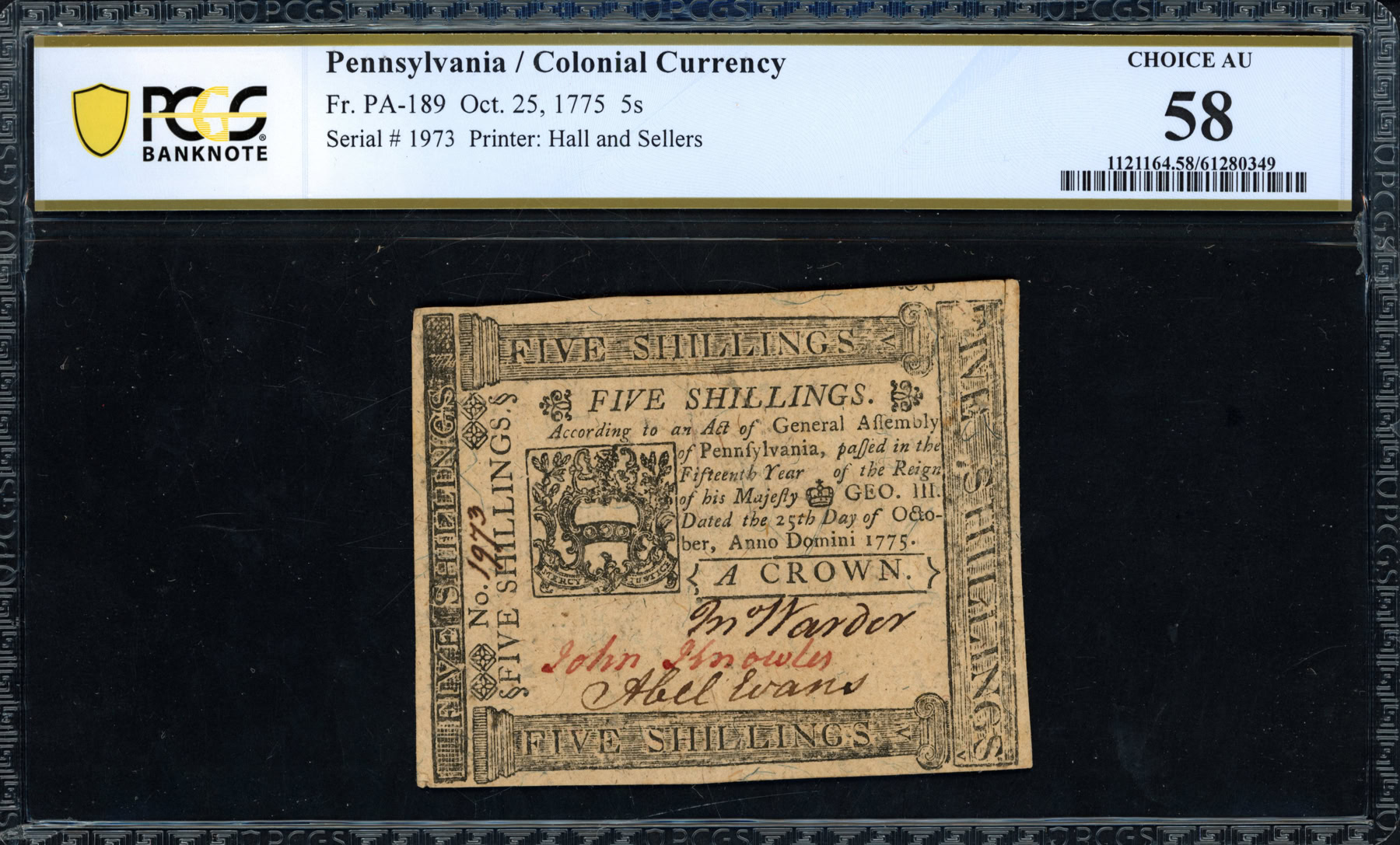 Fr. PA-189 October 25, 1775 5 Shillings Pennsylvania Colonial Note PCGS ...