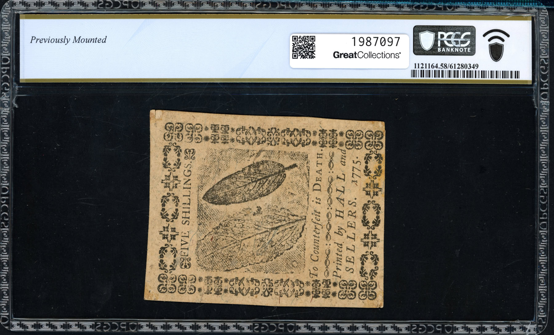 Fr. PA-189 October 25, 1775 5 Shillings Pennsylvania Colonial Note PCGS ...