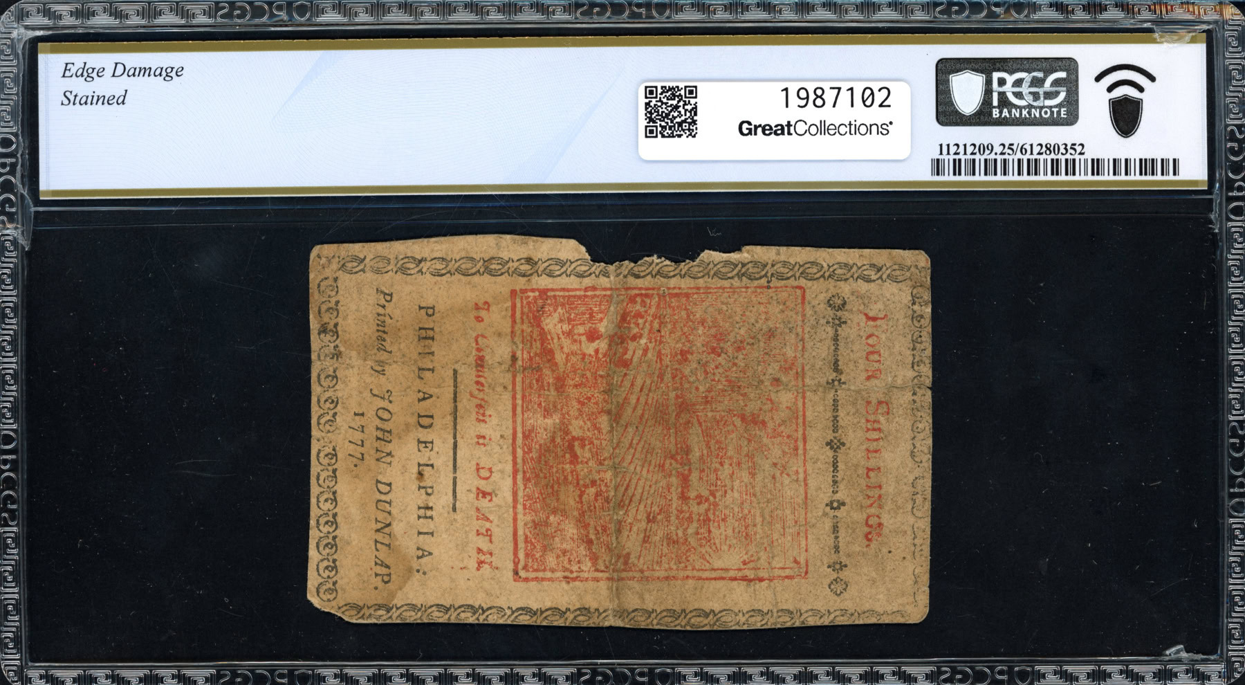 Fr. PA-217b April 10, 1777 4 Shillings Pennsylvania Colonial Note Red ...