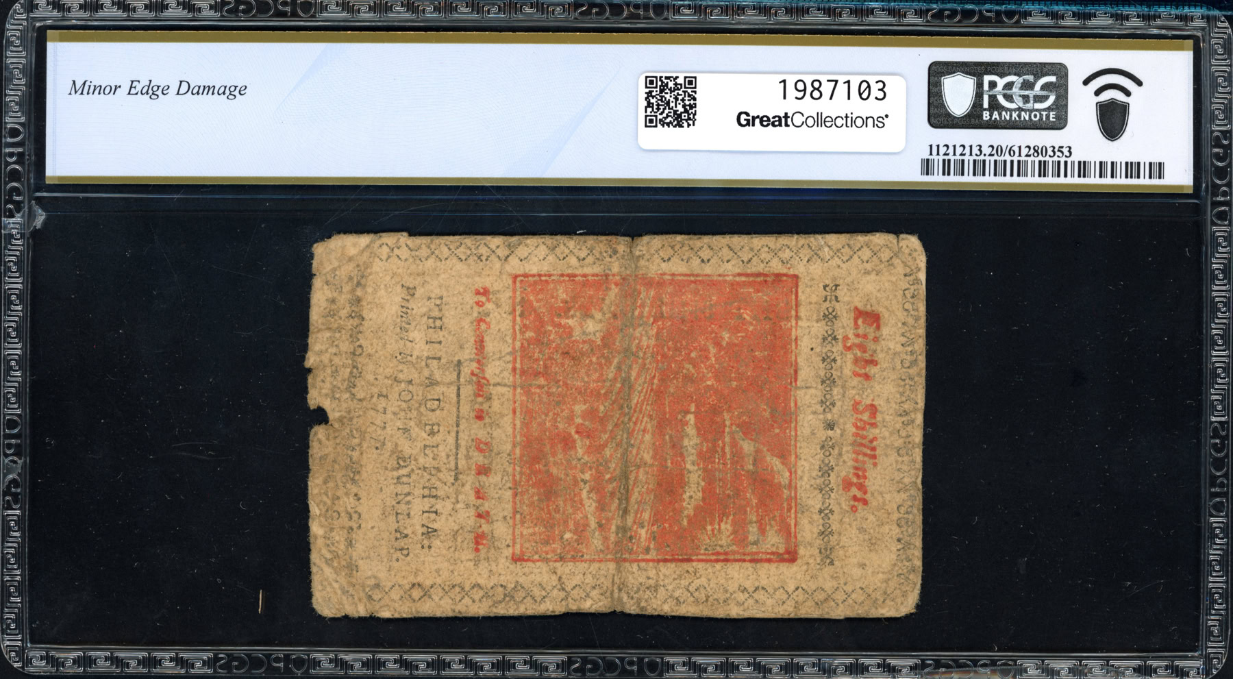 Fr. PA-219b April 10, 1777 8 Shillings Pennsylvania Colonial Note Red ...
