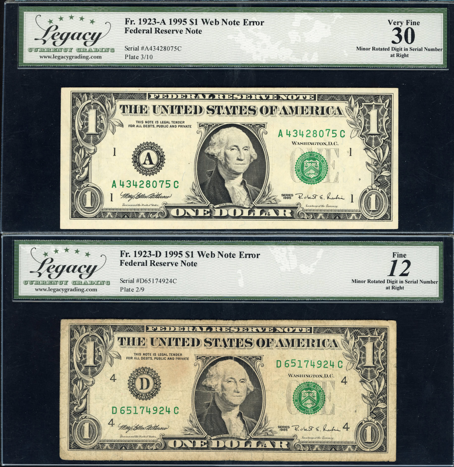 Fr. 1923-A & 1923-D 1995 Federal Reserve Experimental Web Press Error ...