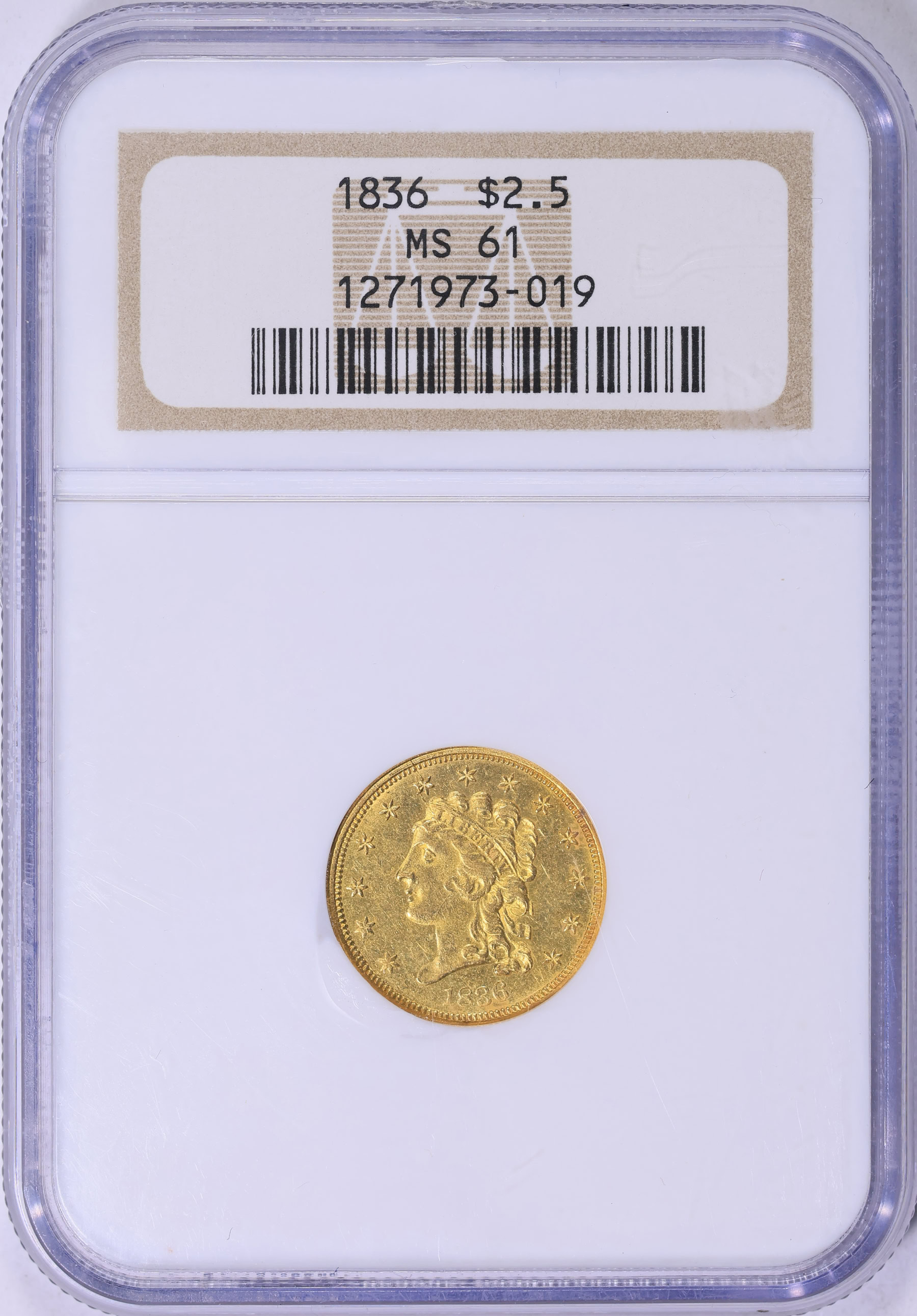 1836 Classic Gold Quarter Eagle Script 8 NGC MS-61 (Item 1987292 ...