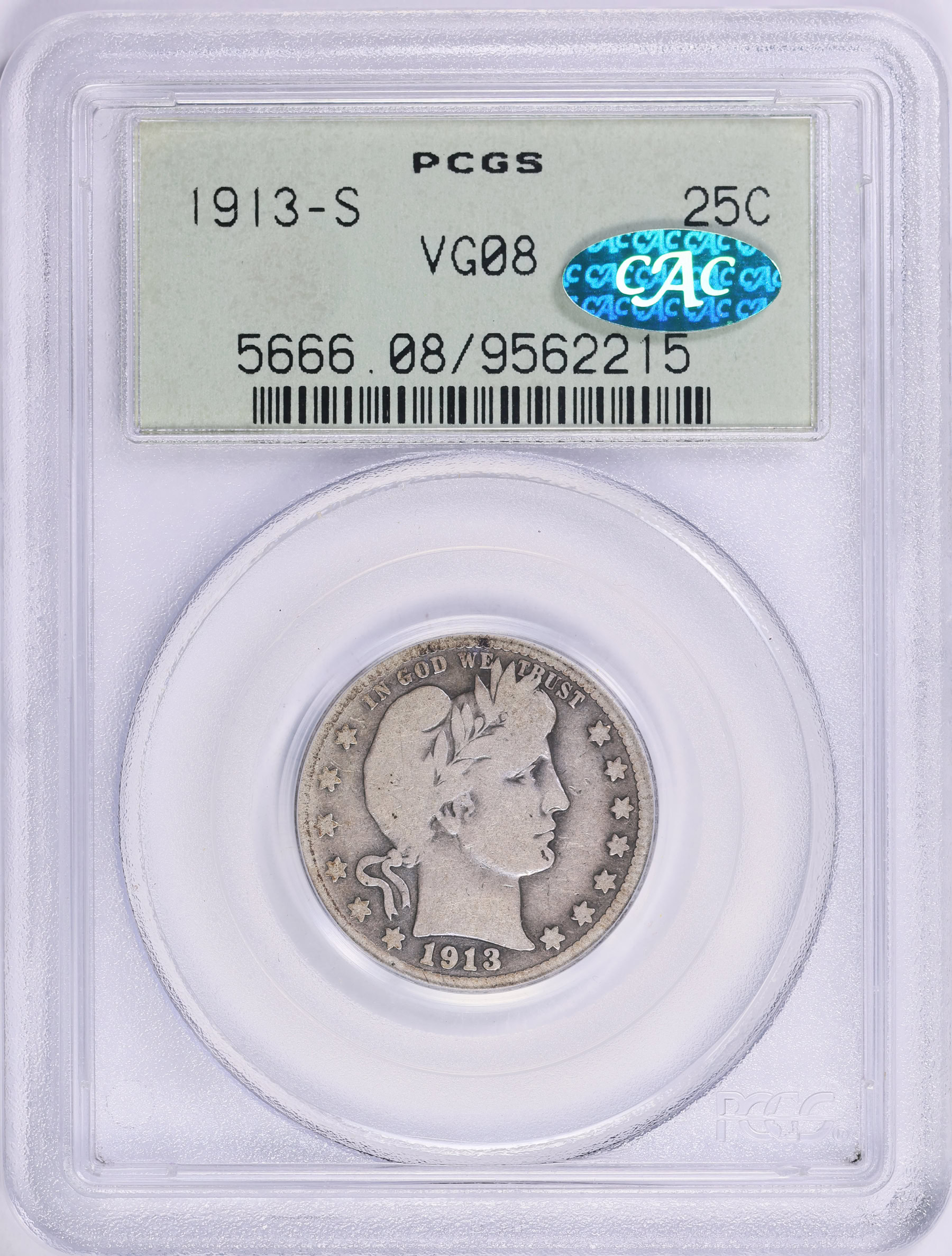 1913-S Barber Quarter PCGS VG-8 (CAC Green) OGH (Item 1987313 ...