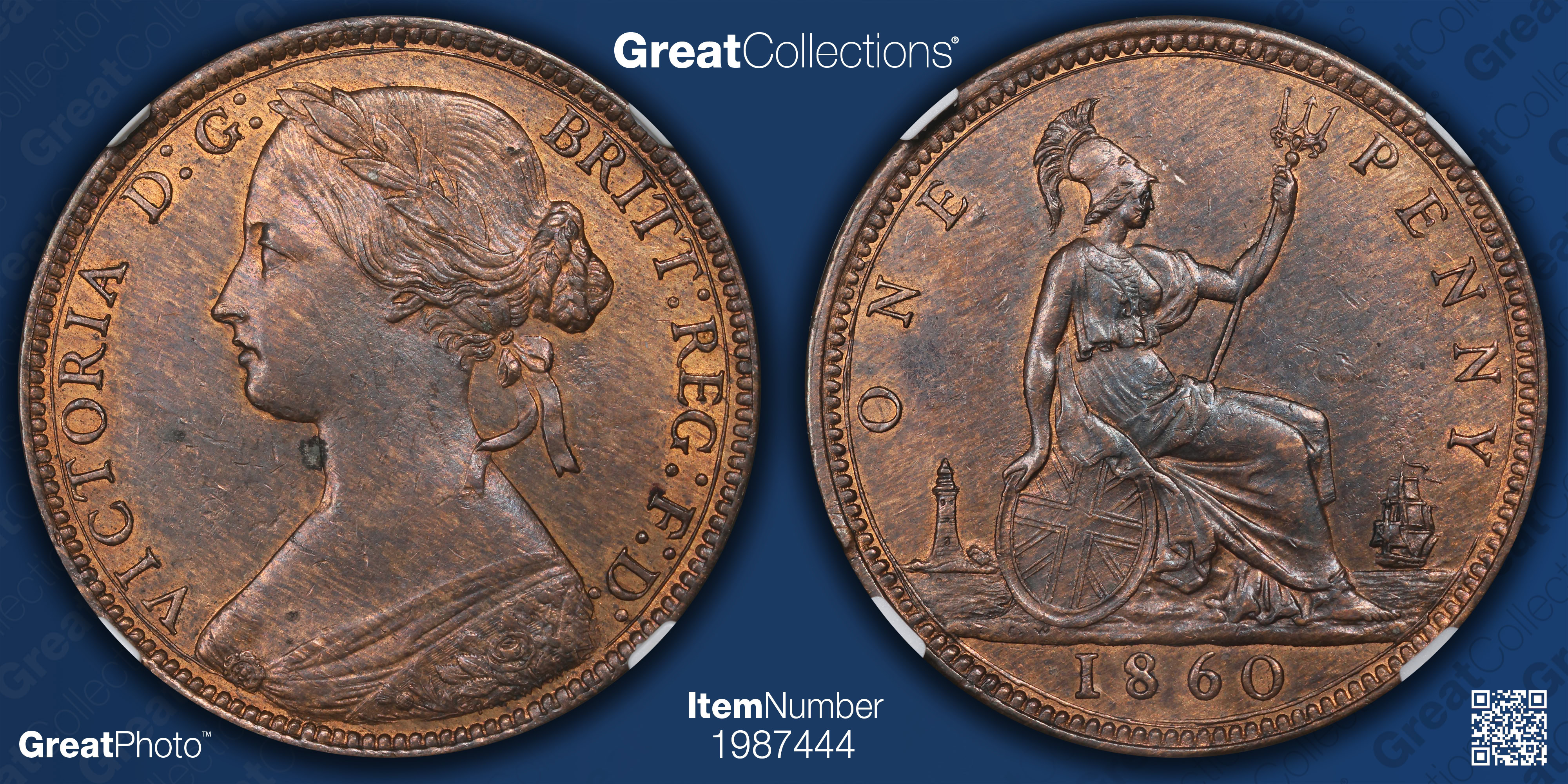 Great Britain 1860 Penny Obv 2, Rev D Toothed Borders KM-749.2 NGC MS ...