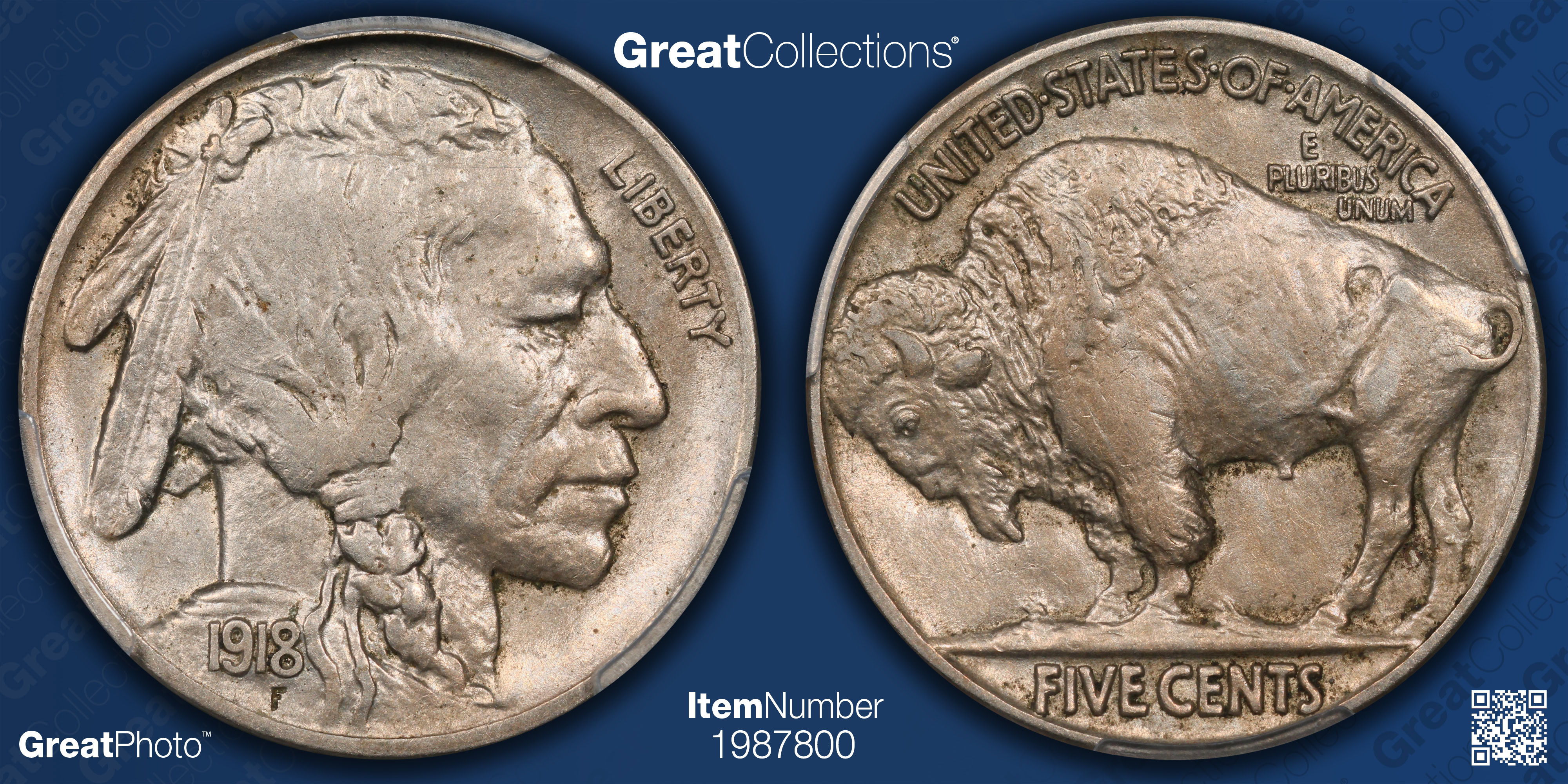 1918 Buffalo Nickel PCGS AU-55 (Item 1987800) | GreatCollections Coin ...