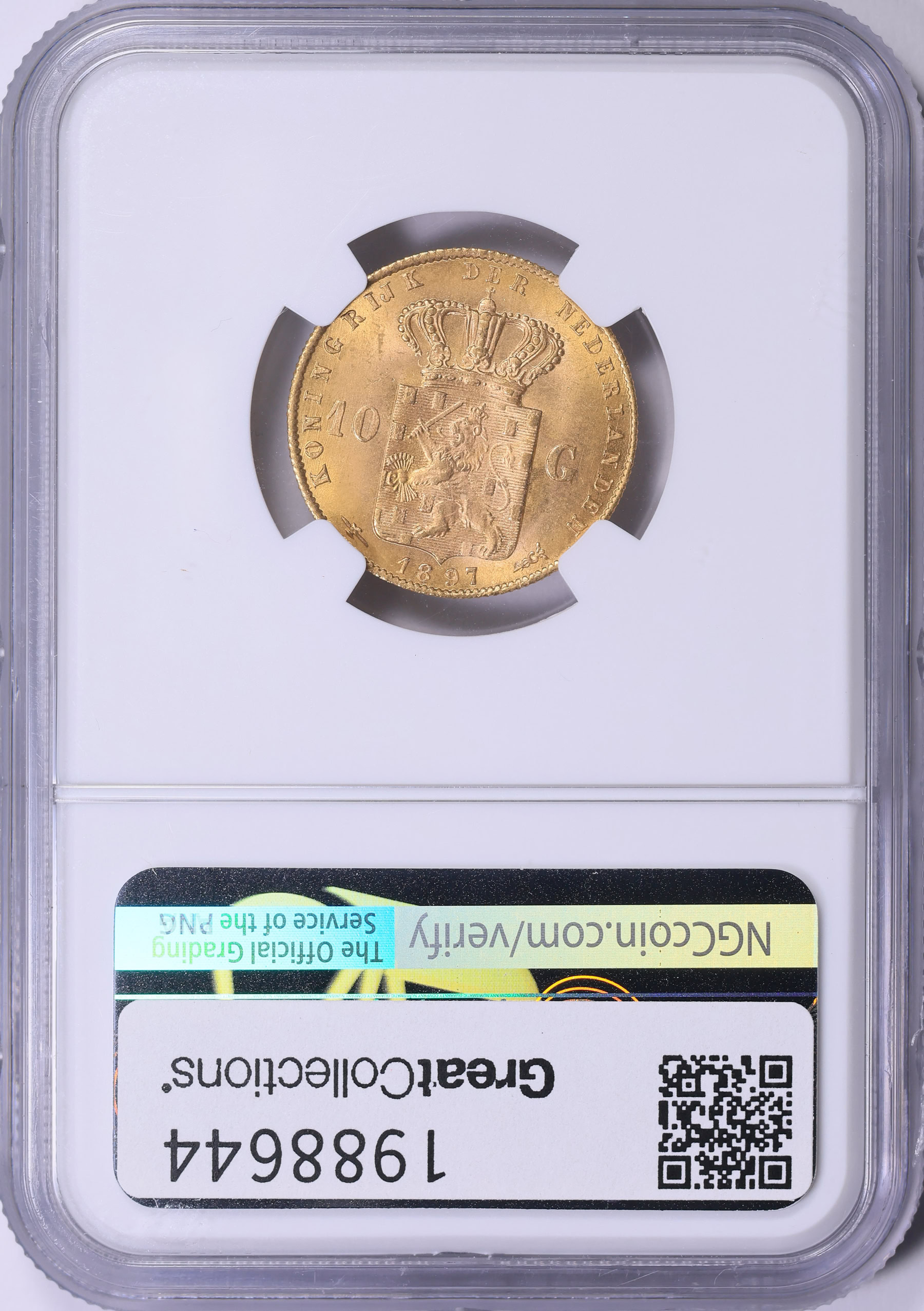 Netherlands 1897 Gold 10 Gulden KM-118 NGC MS-65 (AGW = 0.1947 oz ...