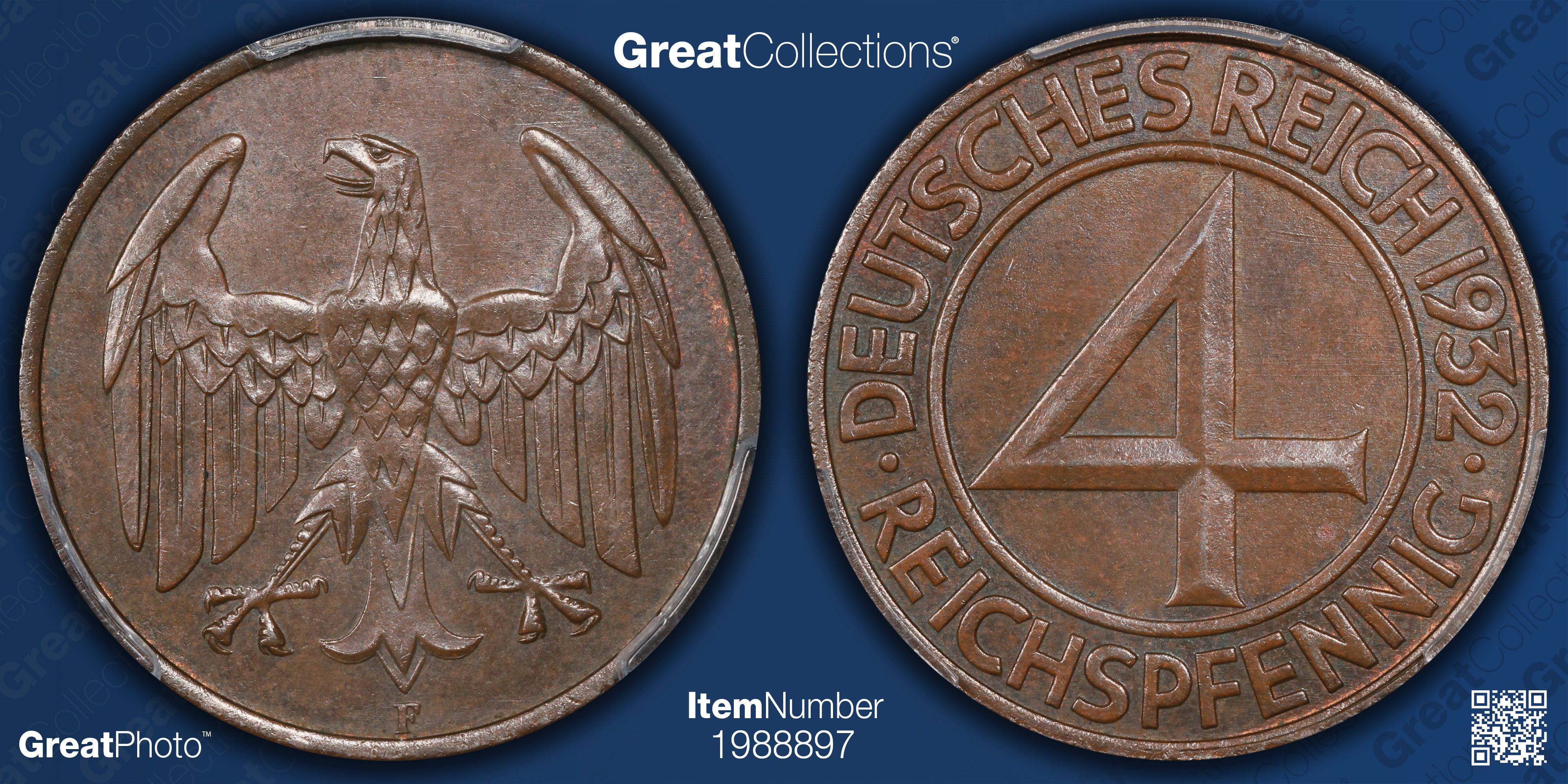 Germany 1932-F 4 Pfennig KM-75 PCGS MS-64 BN (Item 1988897 ...
