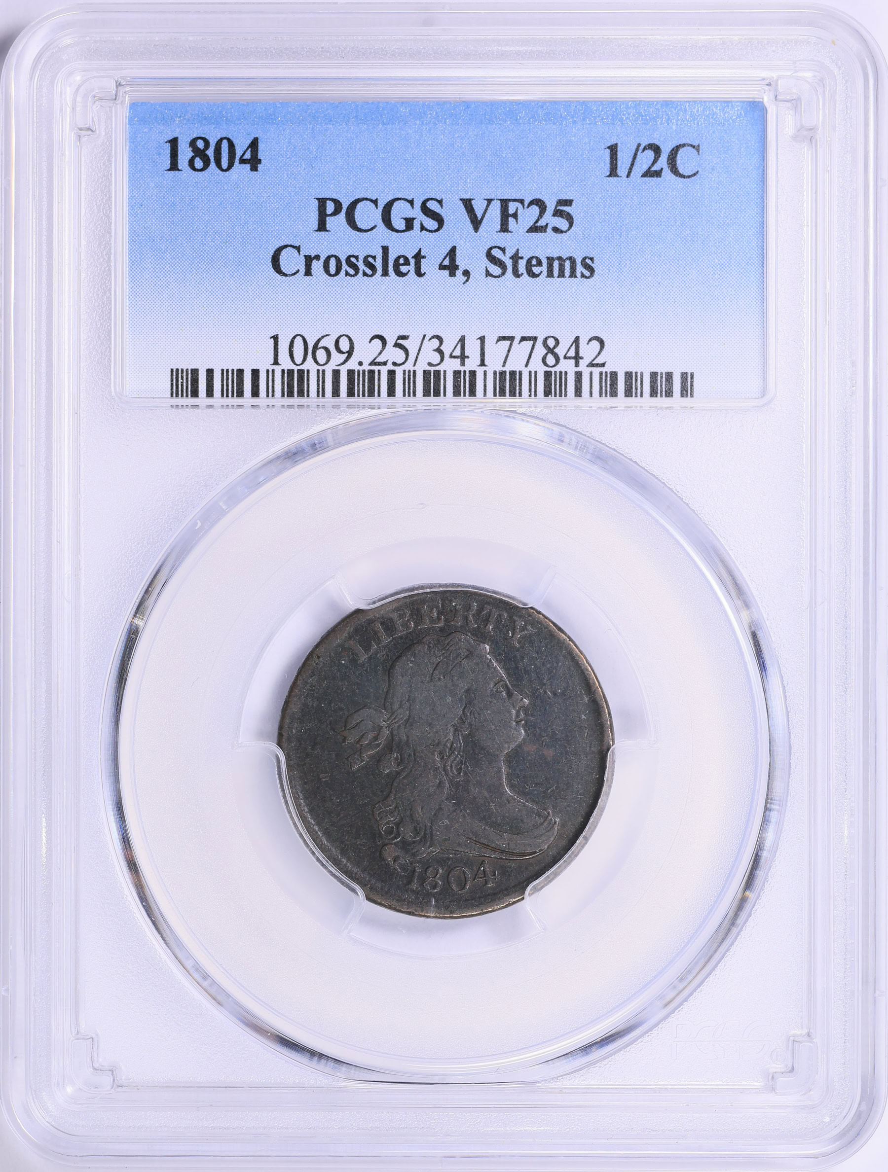 1804 Draped Bust Half Cent Crosslet 4, Stems PCGS VF-25 BN (Item ...