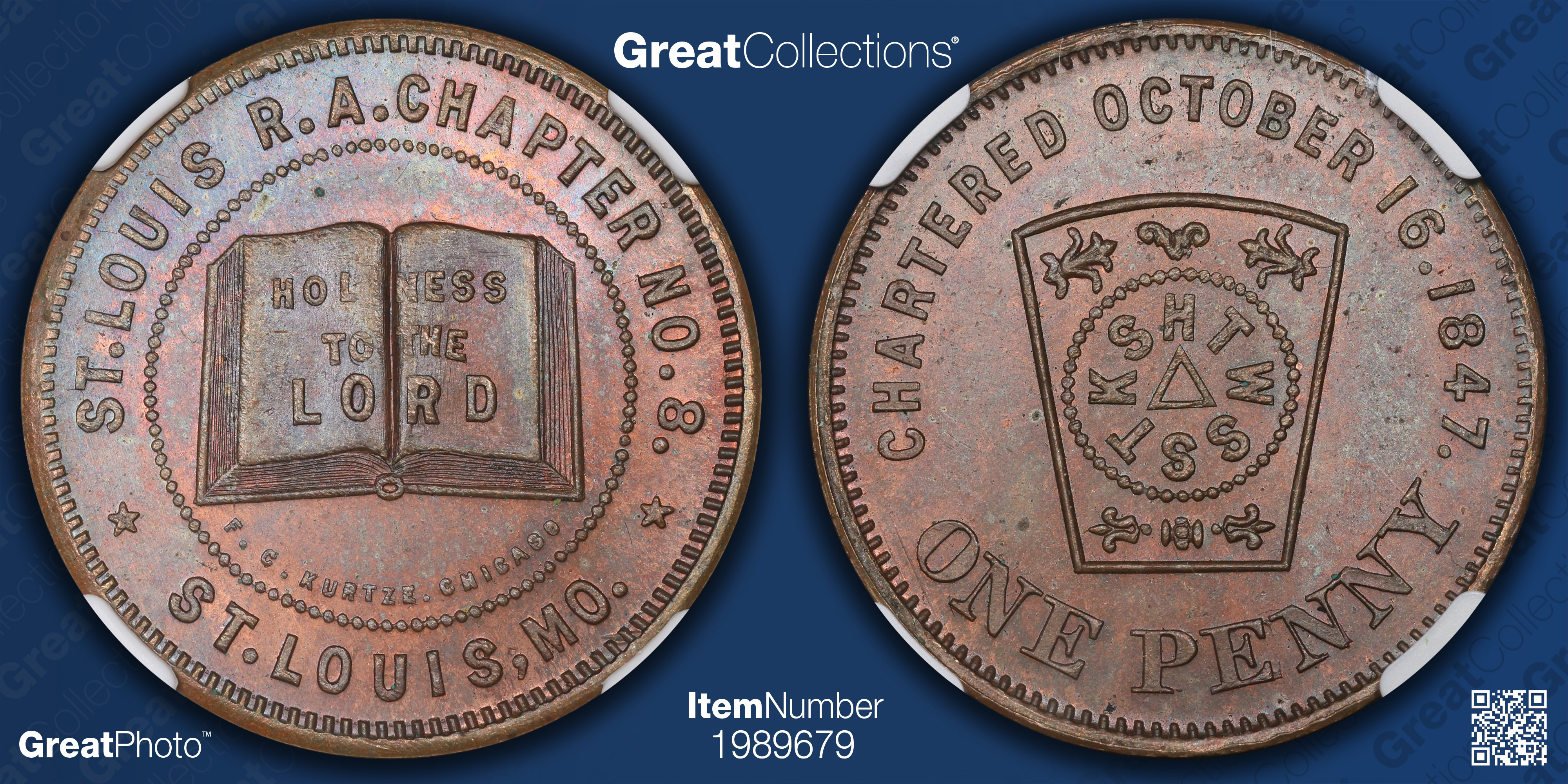 1847-Dated St. Louis, Missouri Bronze Masons Chapter 8 Masonic Penny ...