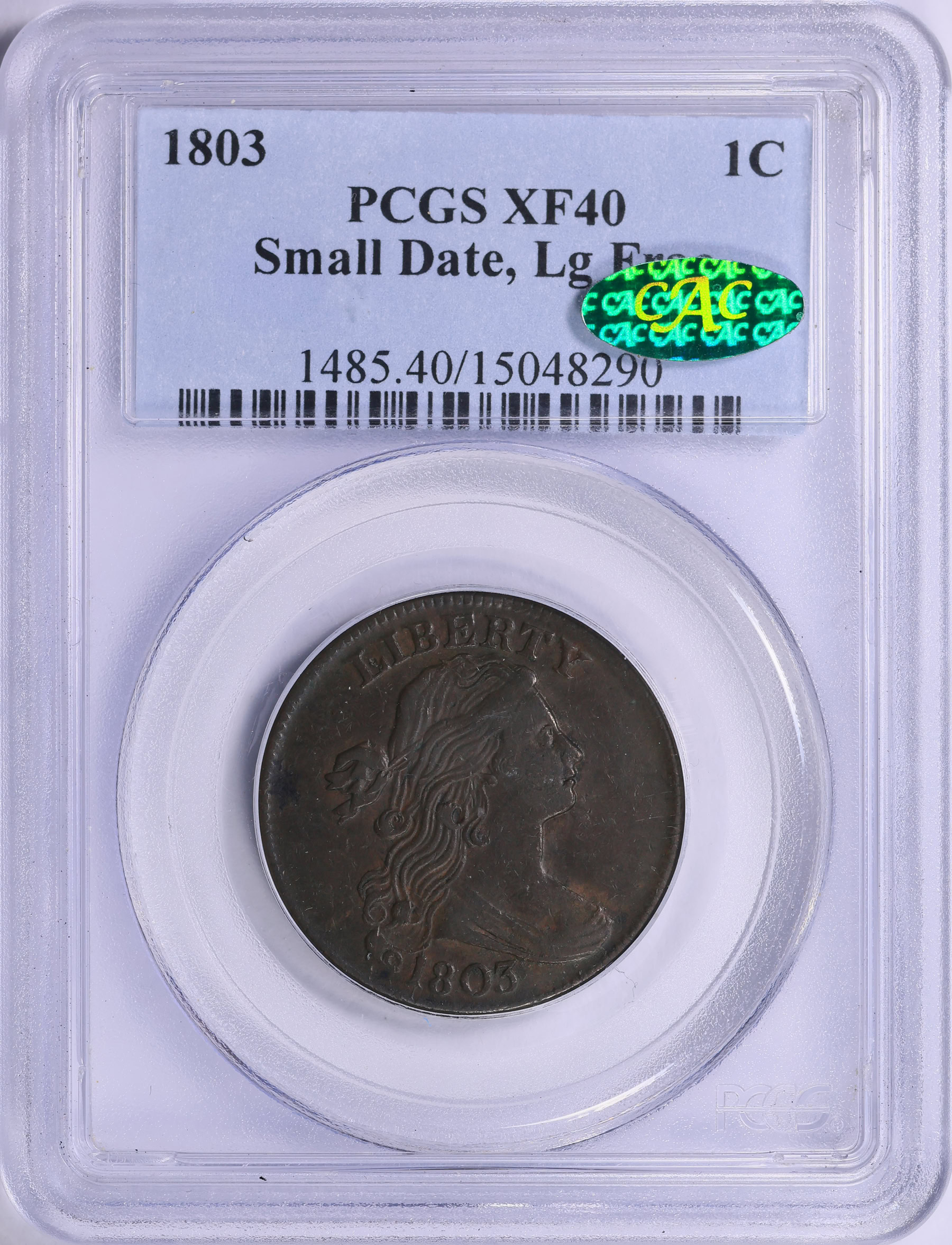 1803 Draped Bust Cent Small Date, Large Fraction PCGS XF-40 BN (CAC ...