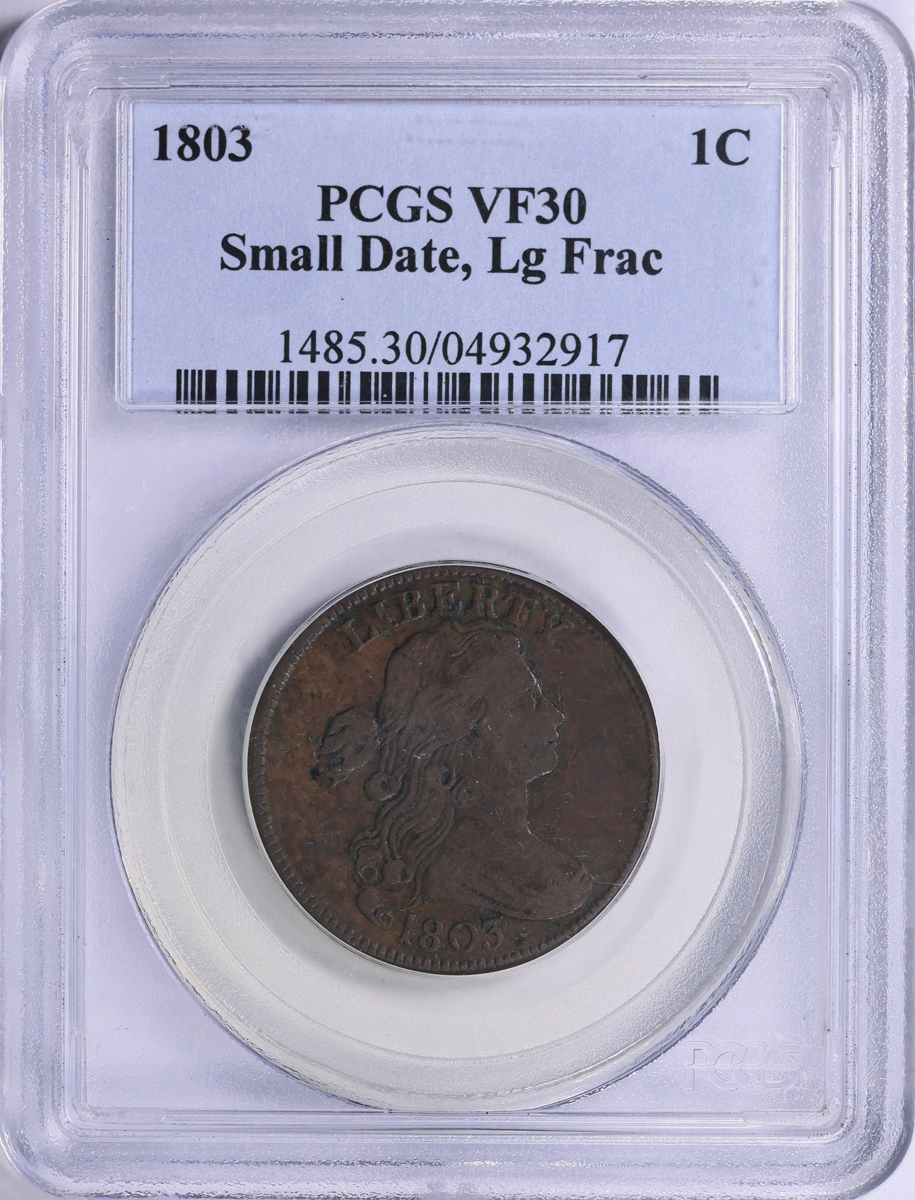 1803 Draped Bust Cent Small Date, Large Fraction PCGS VF-30 BN (Item ...