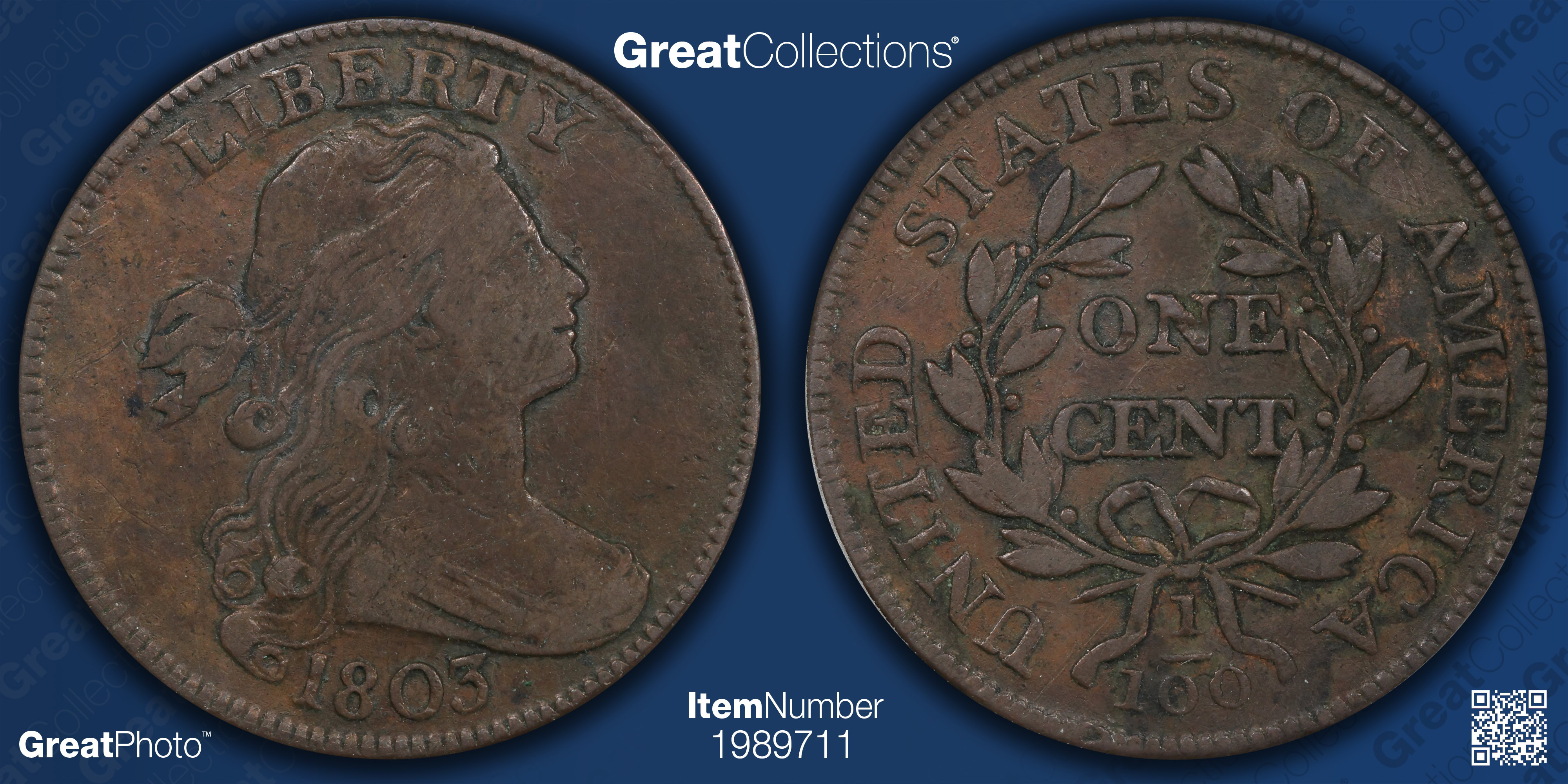 1803 Draped Bust Cent Small Date, Large Fraction PCGS VF-30 BN (Item ...