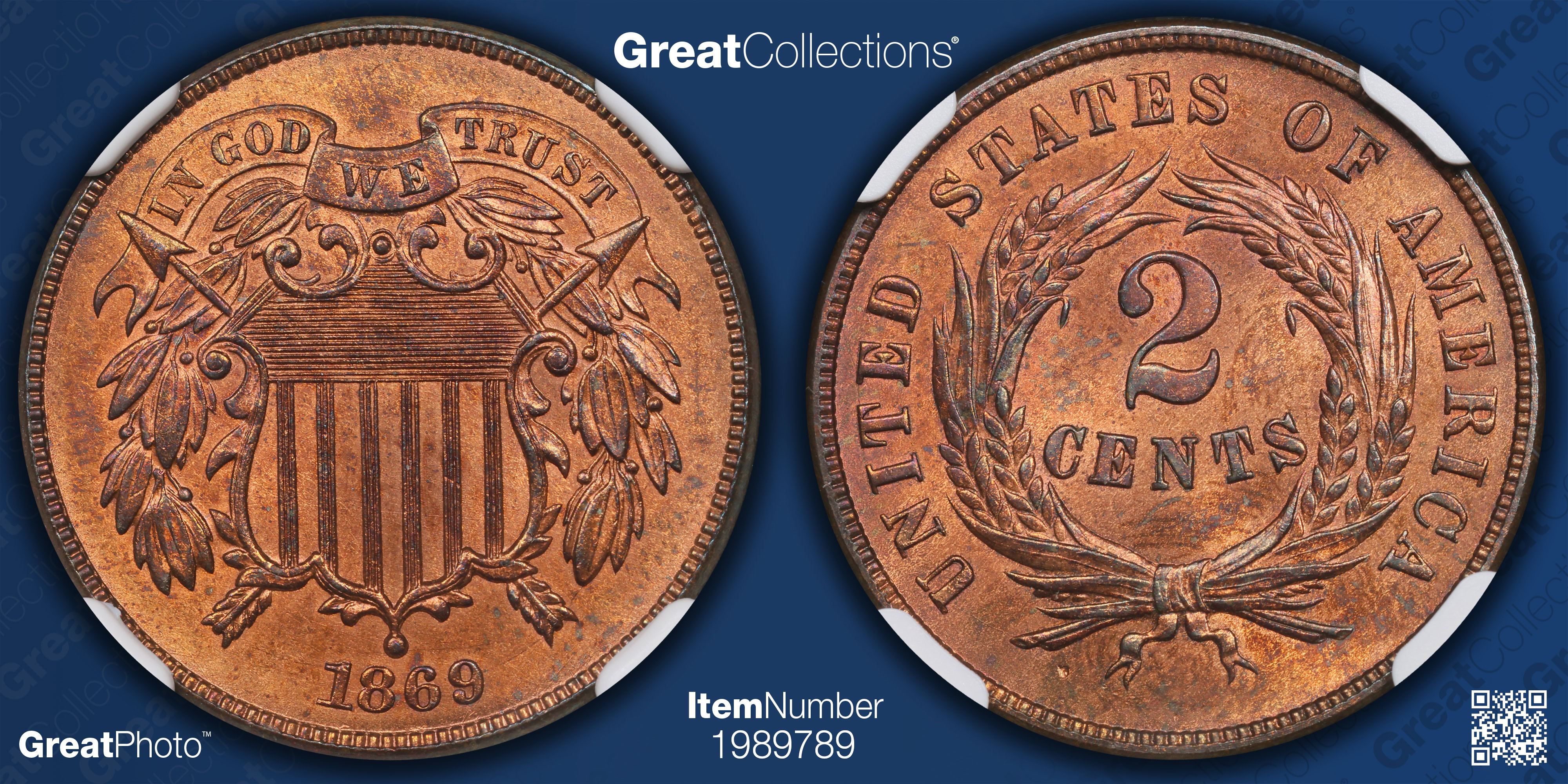 1869 Two-Cent Piece NGC MS-64 RB (Item 1989789) | GreatCollections Coin ...