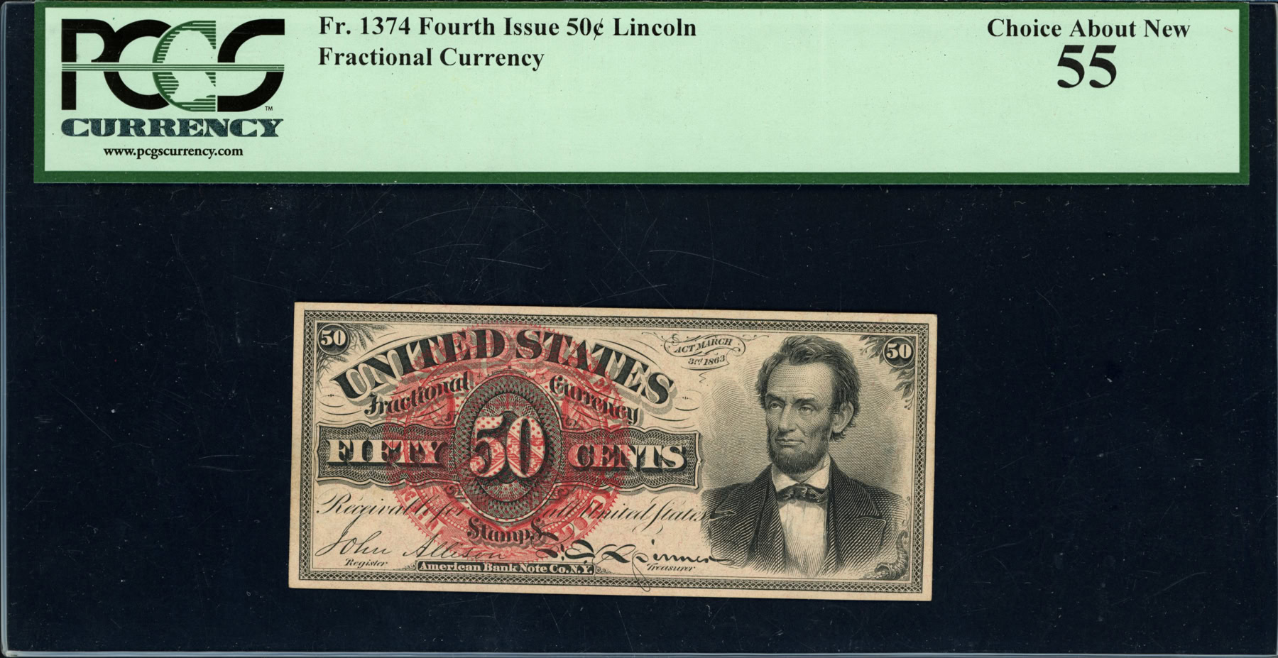 Fr. 1374 Fourth Issue 50 Cents Fractional Currency Note Allison ...