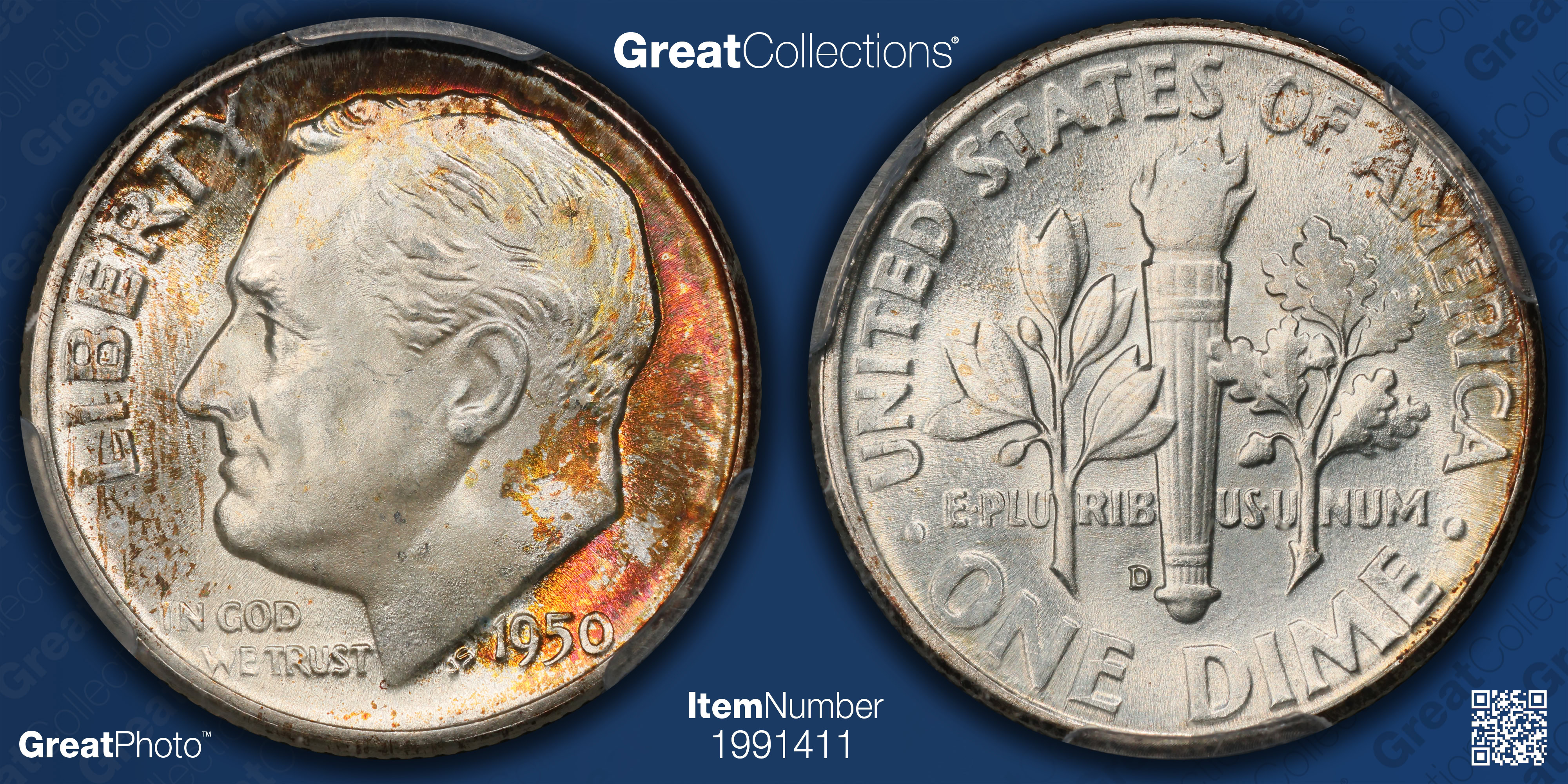 1950-D Roosevelt Dime PCGS MS-68 FB (Toned) (Item 1991411 ...