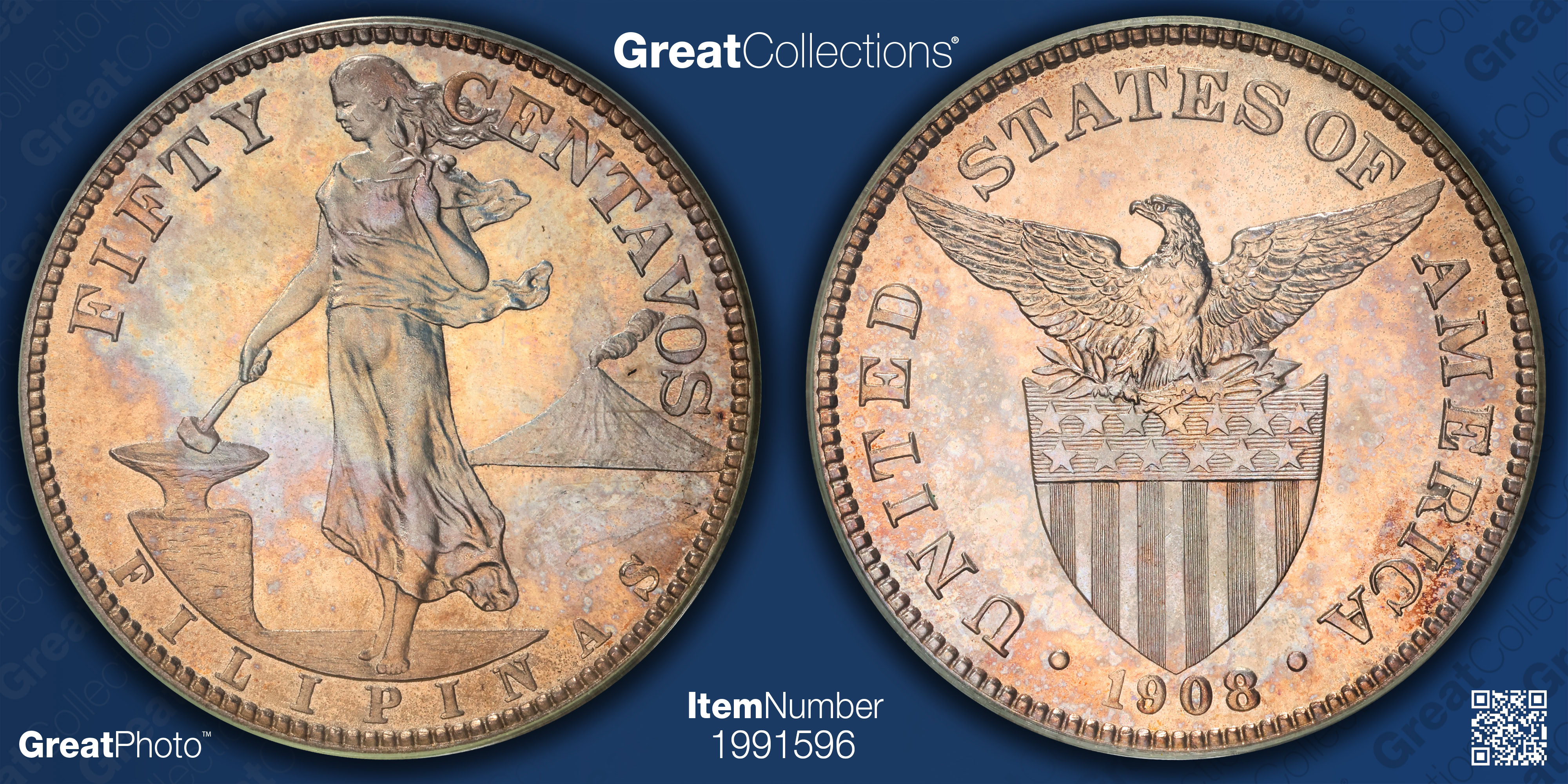 1908 U.S. Philippines Fifty Centavos PCGS Proof-64 OGH (Item 1991596 ...