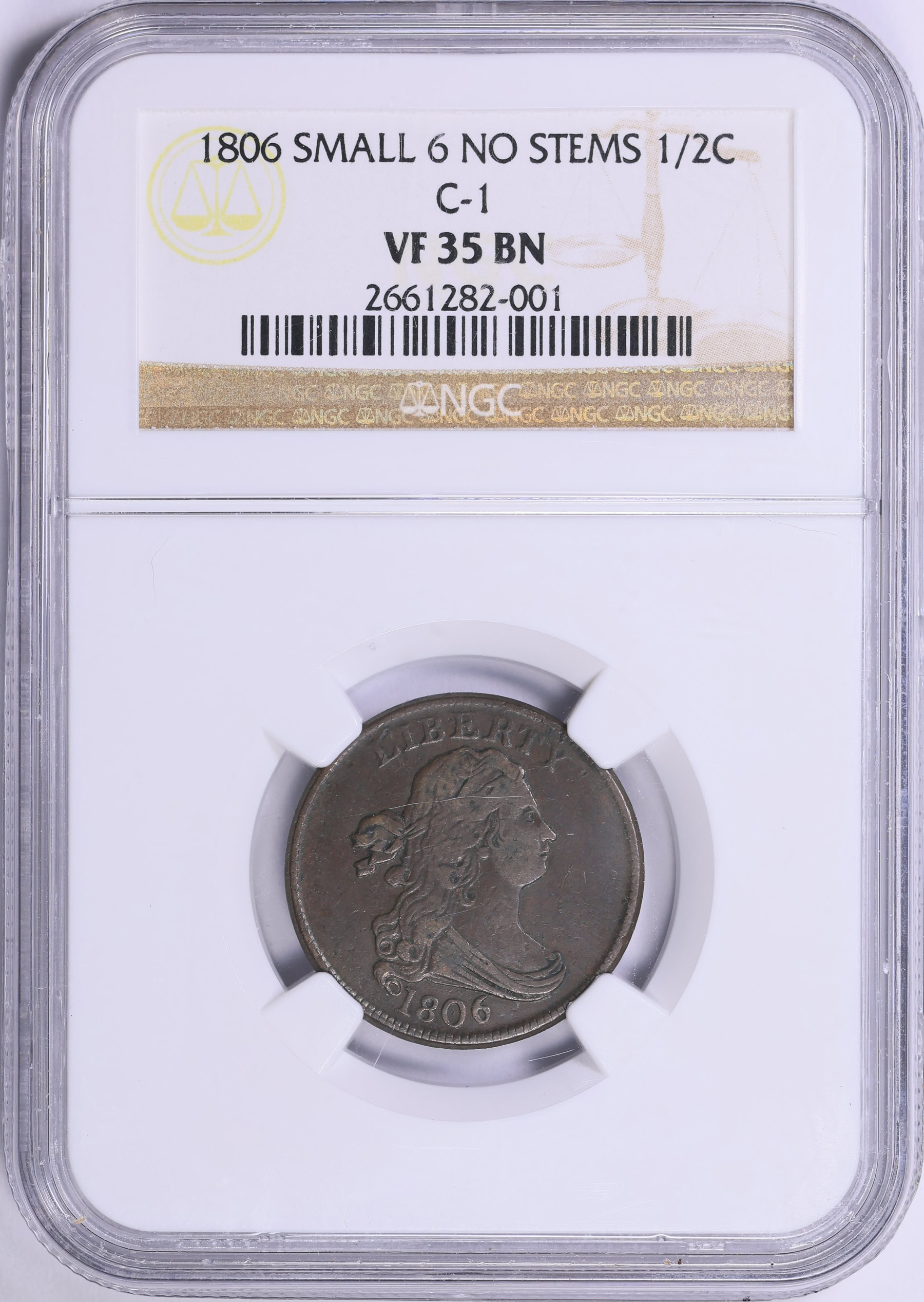 1806 Draped Bust Half Cent Small 6, No Stems Cohen 1 NGC VF-35 BN (Item ...