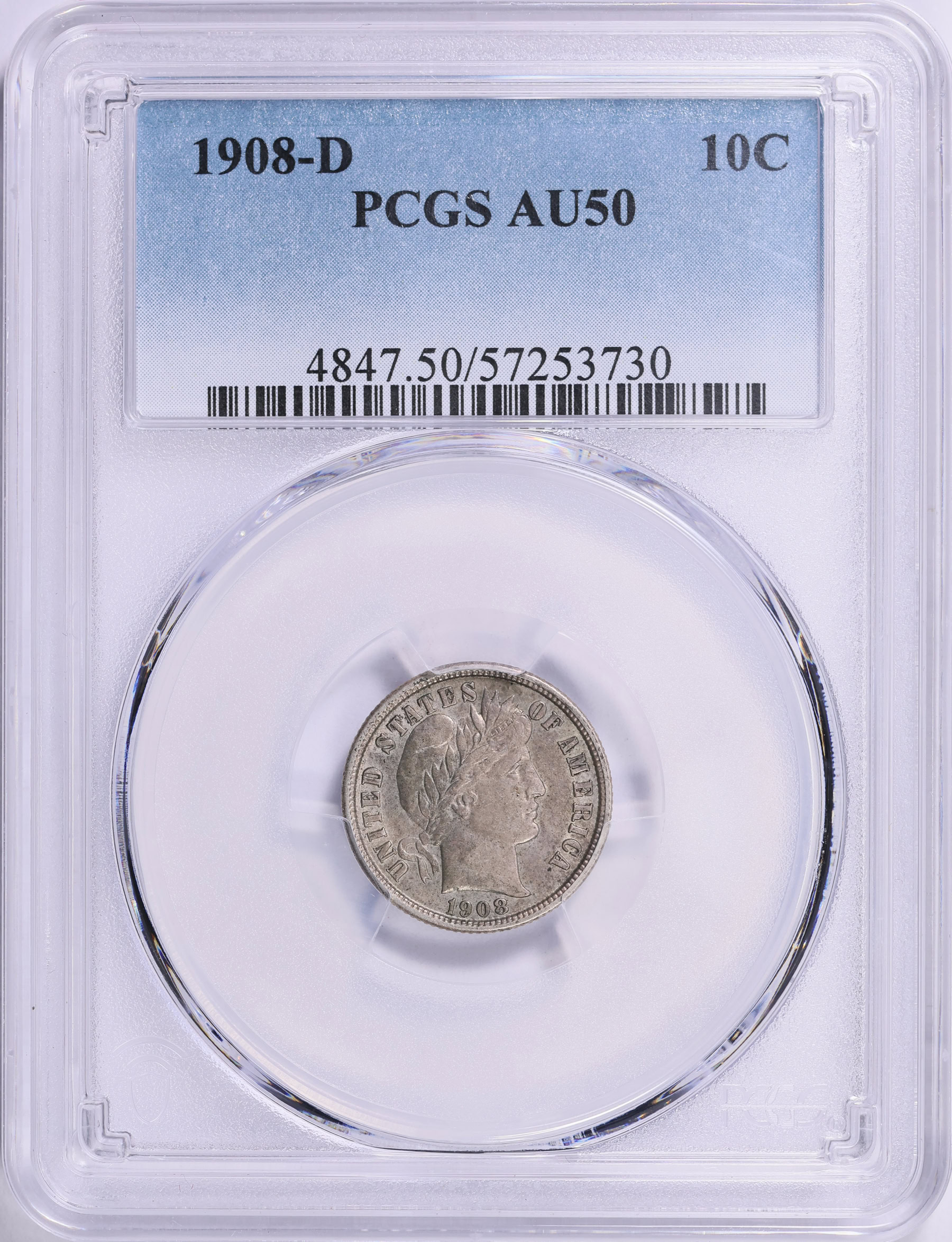 1908-D Barber Dime PCGS AU-50 (Item 1993399) | GreatCollections Coin ...