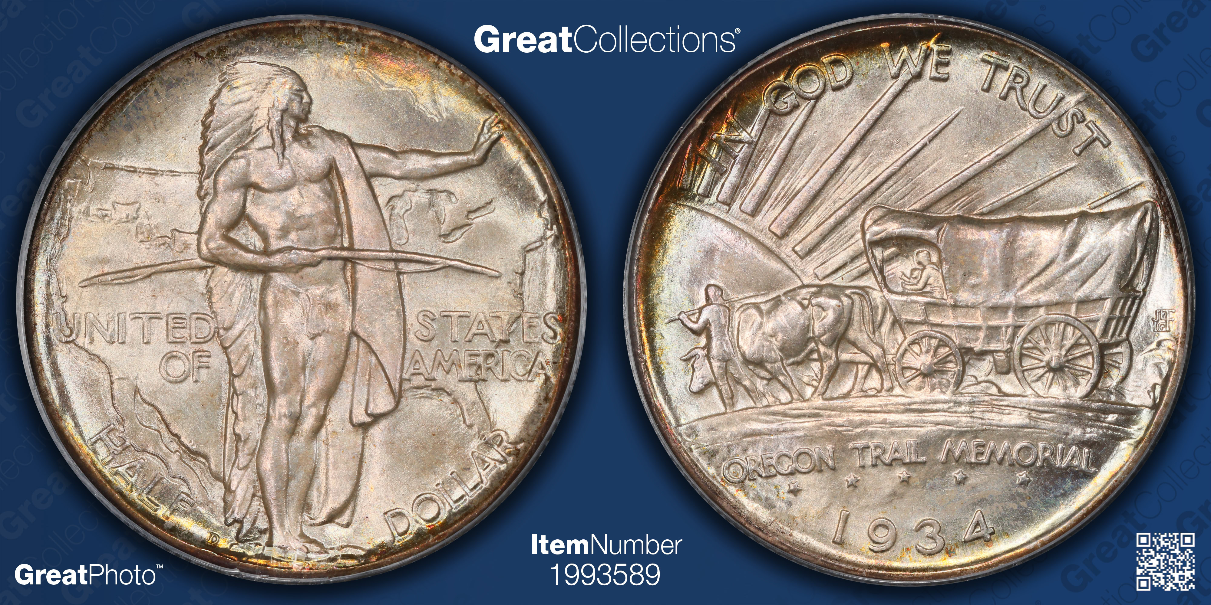 1934-D Oregon Trail Memorial Half Dollar PCGS MS-66 (Toned) (Guttag ...