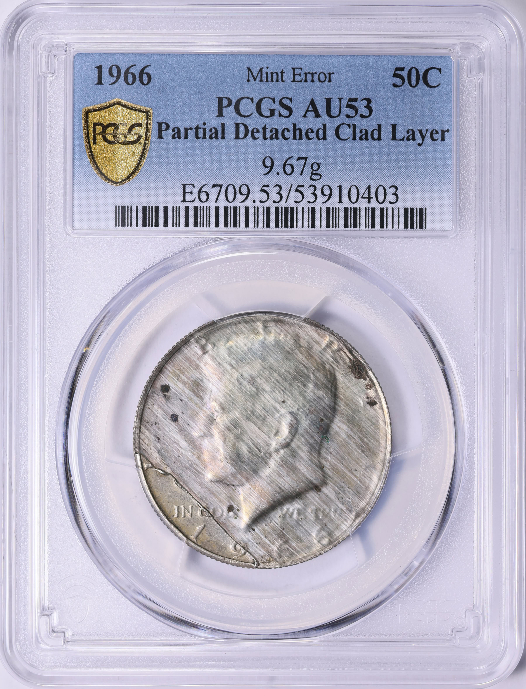 Mint Error 1966 Kennedy Half Dollar Partial Detached Clad Layer 9.67g ...